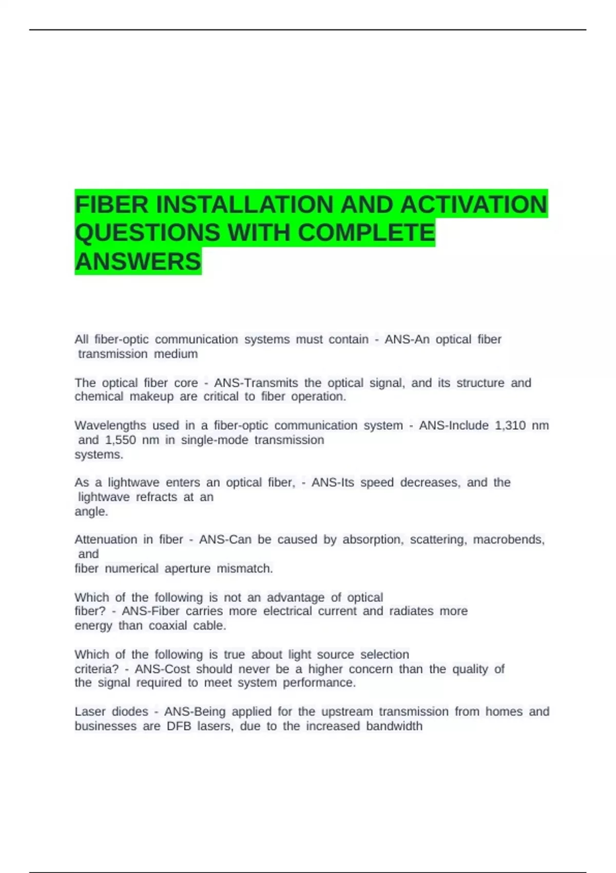 FIBER INSTALLATION AND ACTIVATION QUESTIONS WITH COMPLETE ANSWERS ...