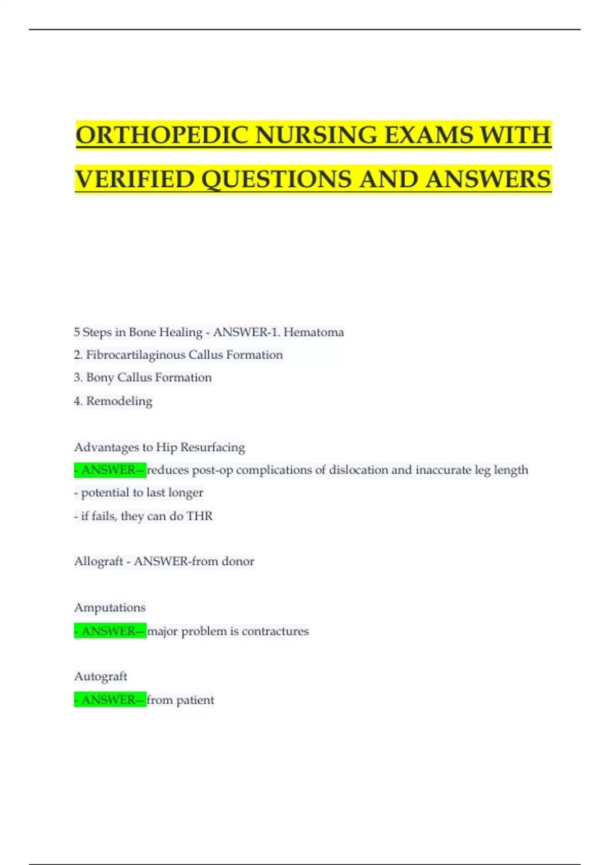 Orthopedic Nursing Exam Questions and Answers 100% Solved | Rated A+ ...