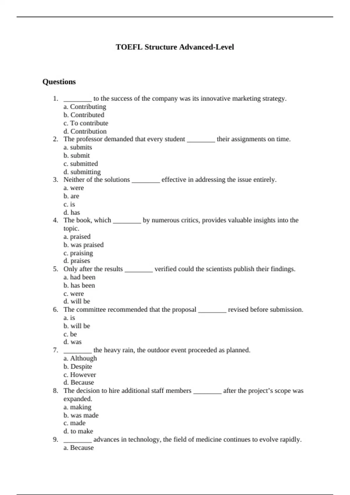 Structure TOEFL Advanced-Level - TOEFL - Stuvia US