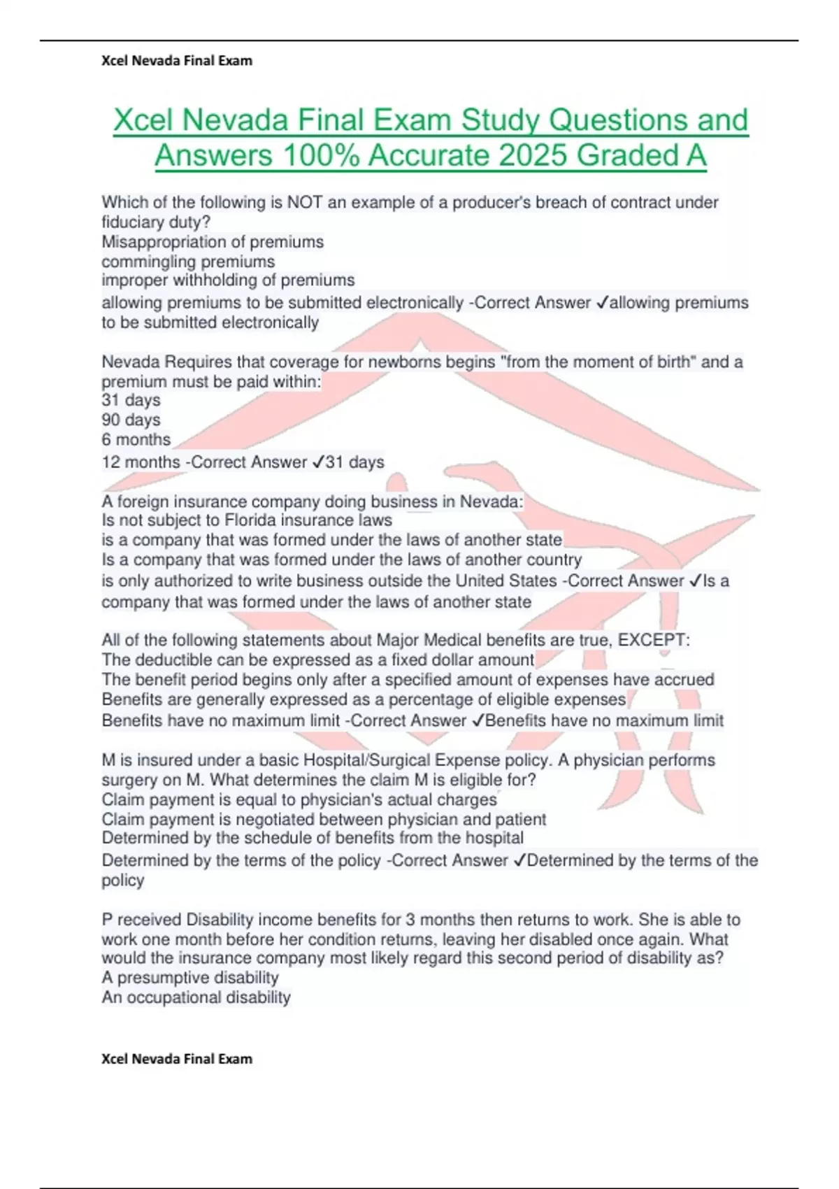 Xcel Nevada Final Exam Study Questions and Answers 100% Accurate 2025 ...