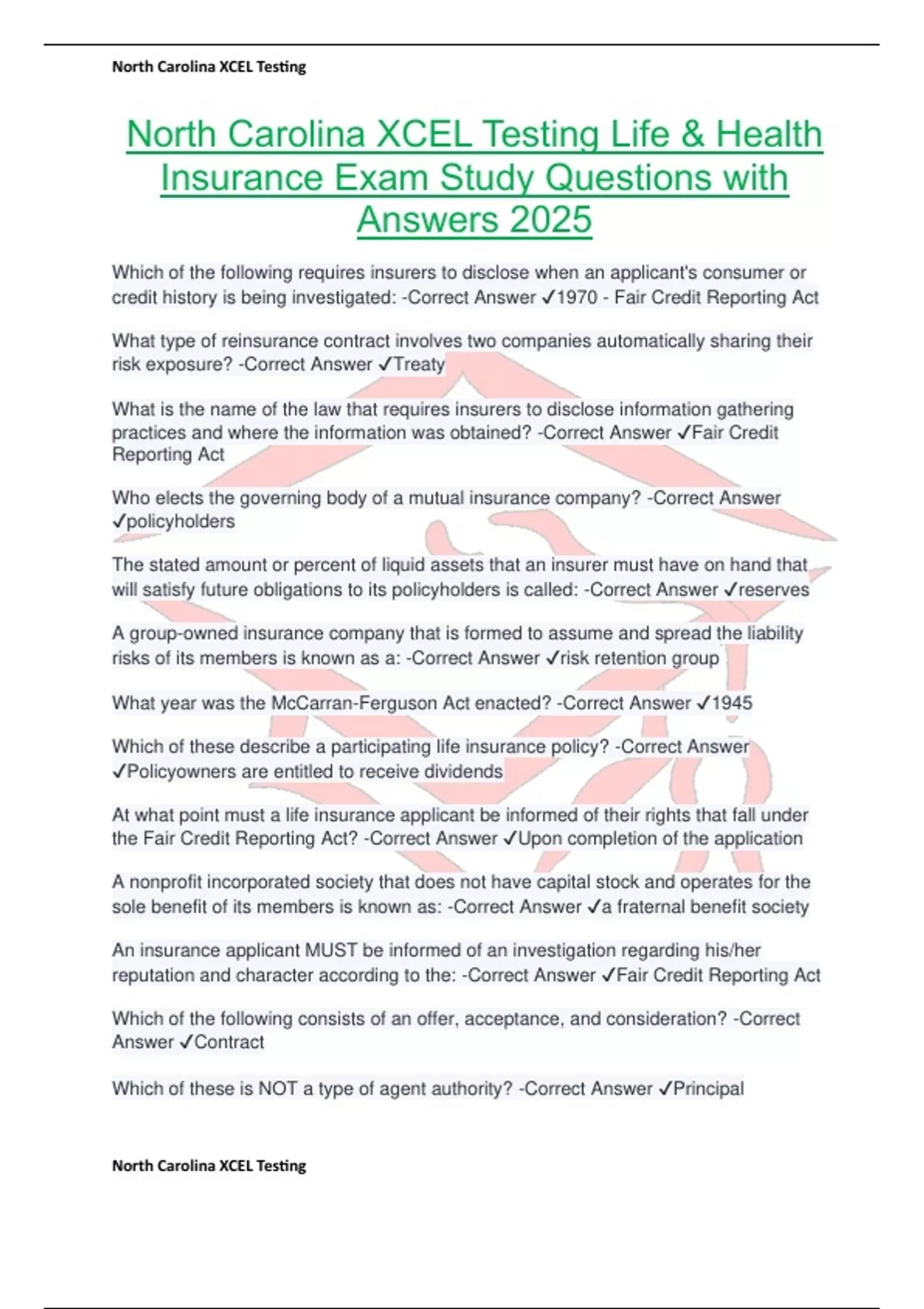 North Carolina XCEL Testing Life & Health Insurance Exam Study ...