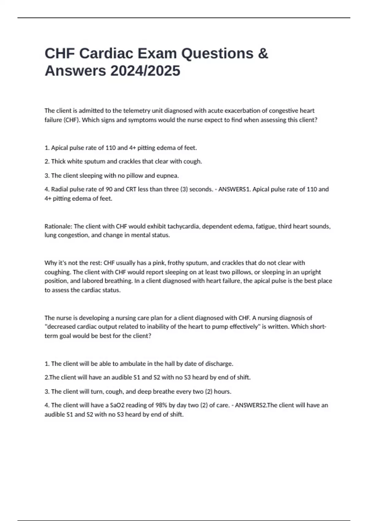 CHF Cardiac Exam Questions & Answers 2024/2025 - CHF Cardiac - Stuvia US
