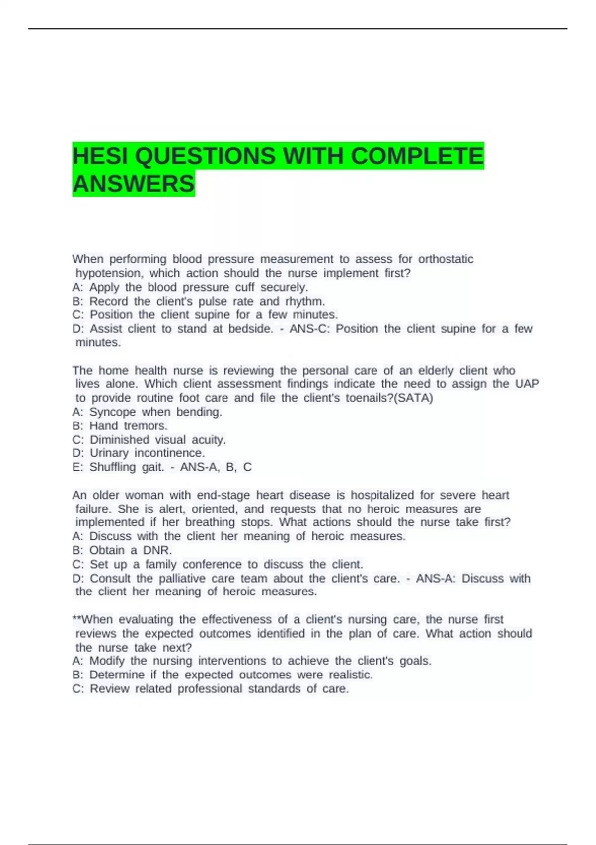 HESI QUESTIONS WITH COMPLETE ANSWERS - Women\\\'s Health Nursing ...