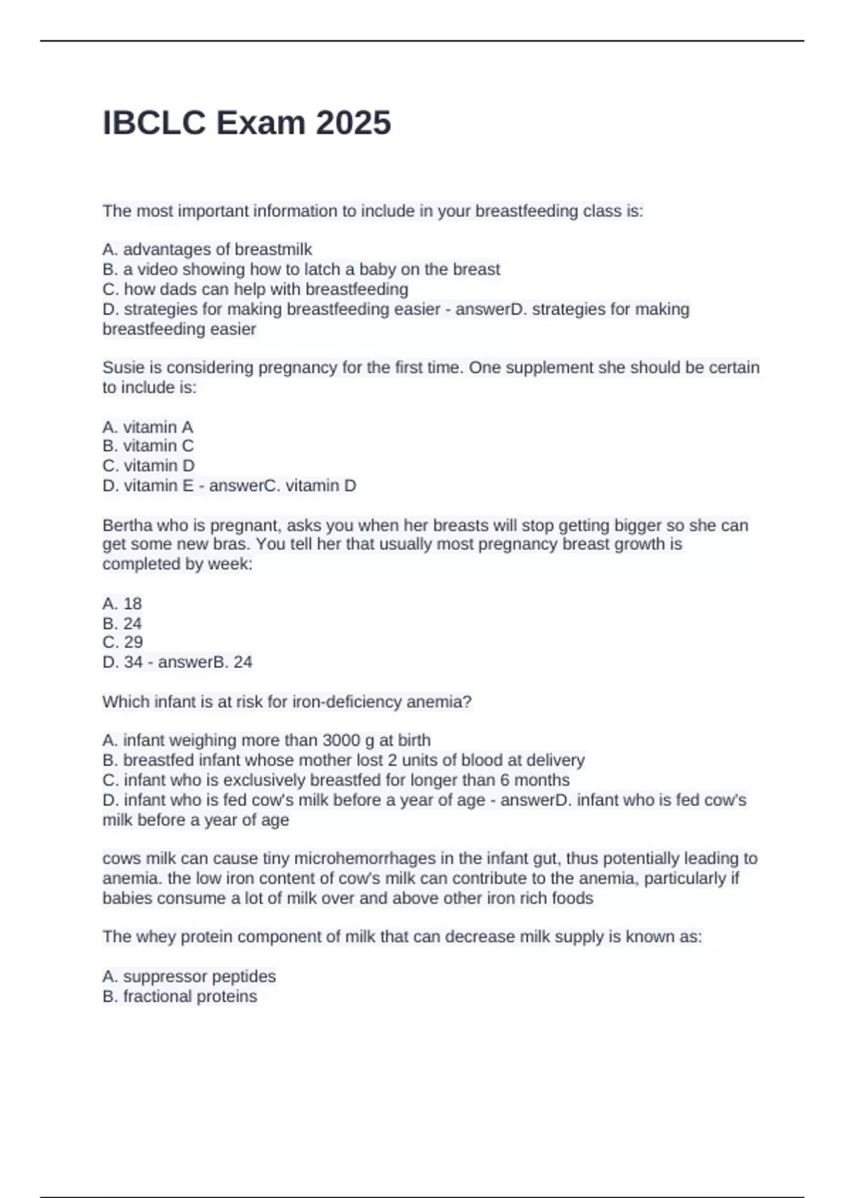 IBCLC Exam 2025 QUESTIONS AND ANSWERS - IBCLC - Stuvia US