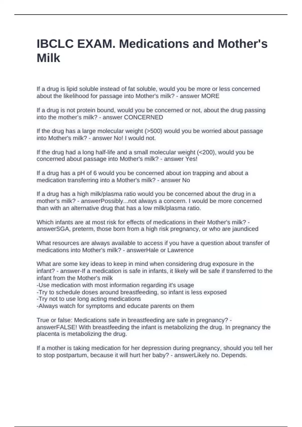 IBCLC EXAM. Medications and Mother-s Milk Questions with Solutions ...