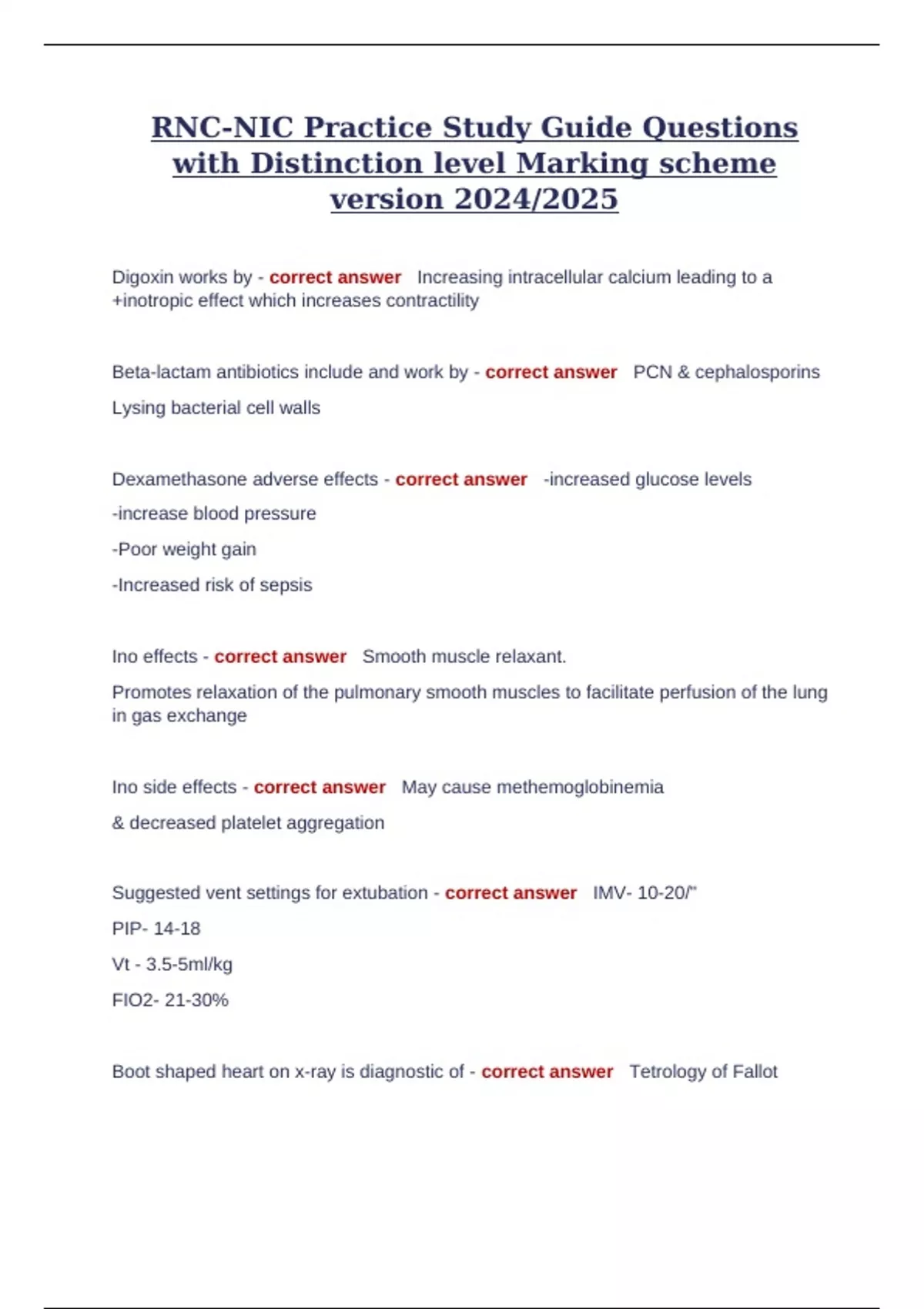 RNC-NIC Practice Study Guide Questions with Distinction level Marking ...