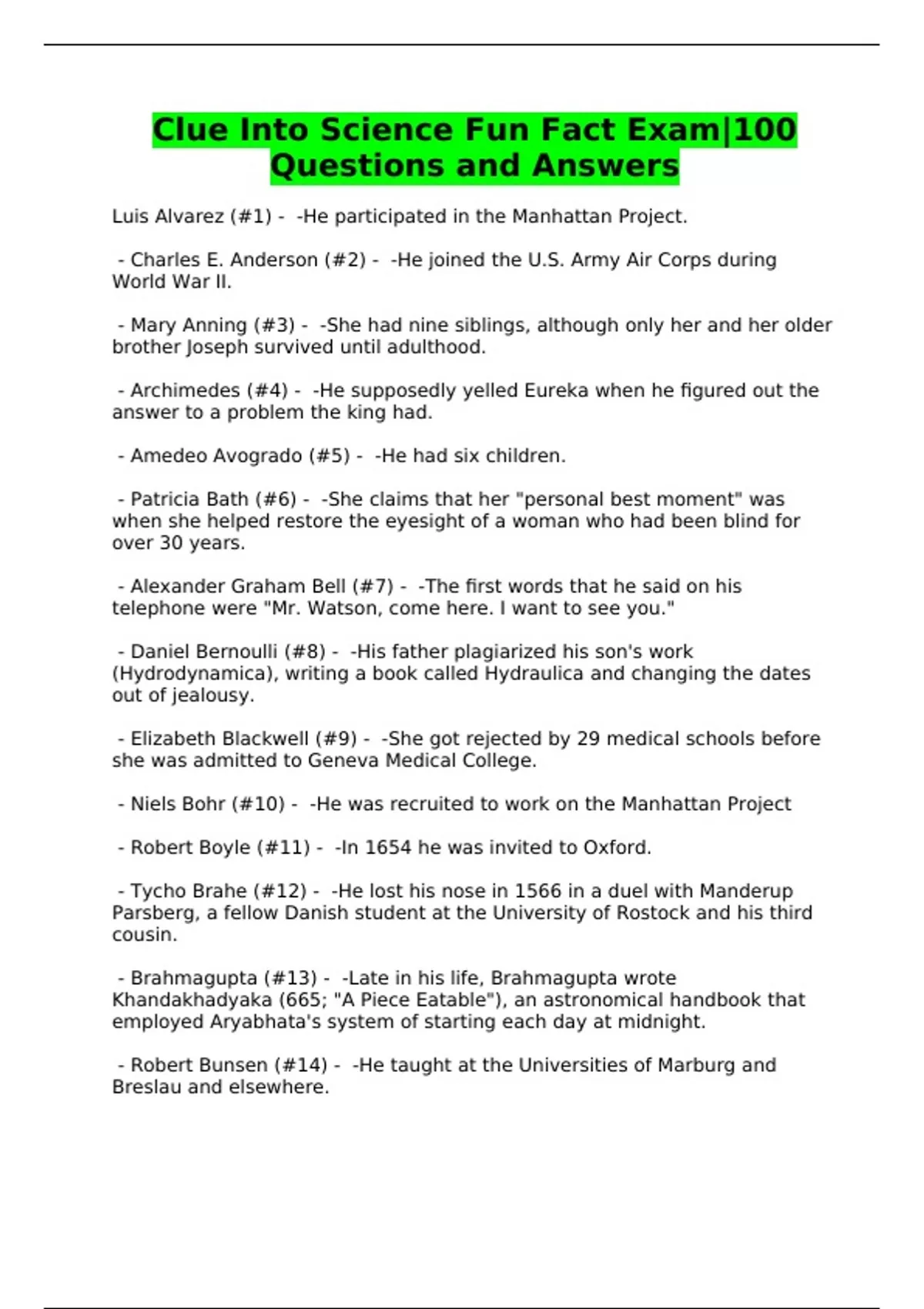 Clue Into Science Fun Fact Exam|100 Questions and Answers - Clue Into ...