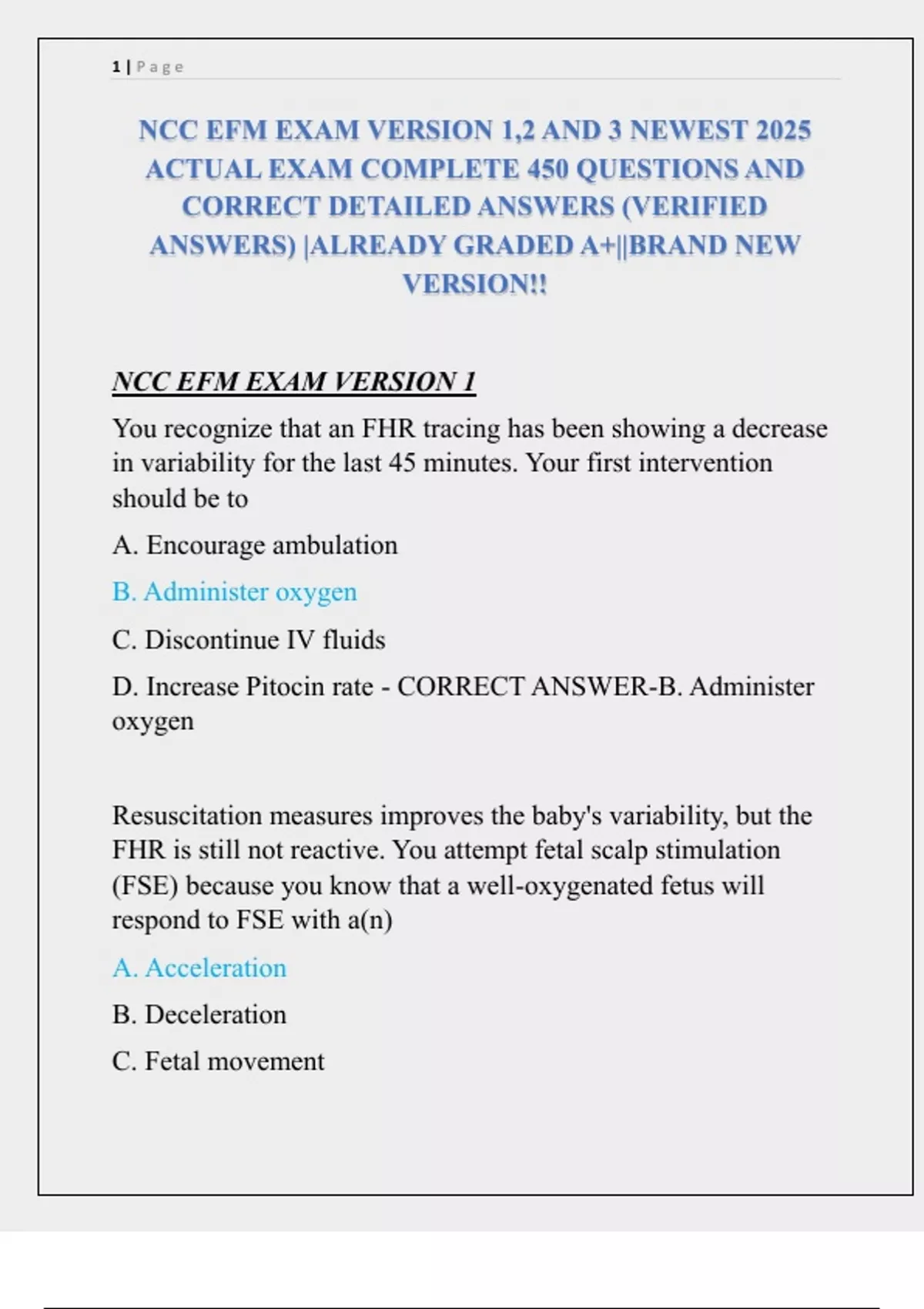 NCC EFM EXAM VERSION 1,2 AND 3 NEWEST 2025 ACTUAL EXAM COMPLETE 450 QUESTIONS AND CORRECT ...