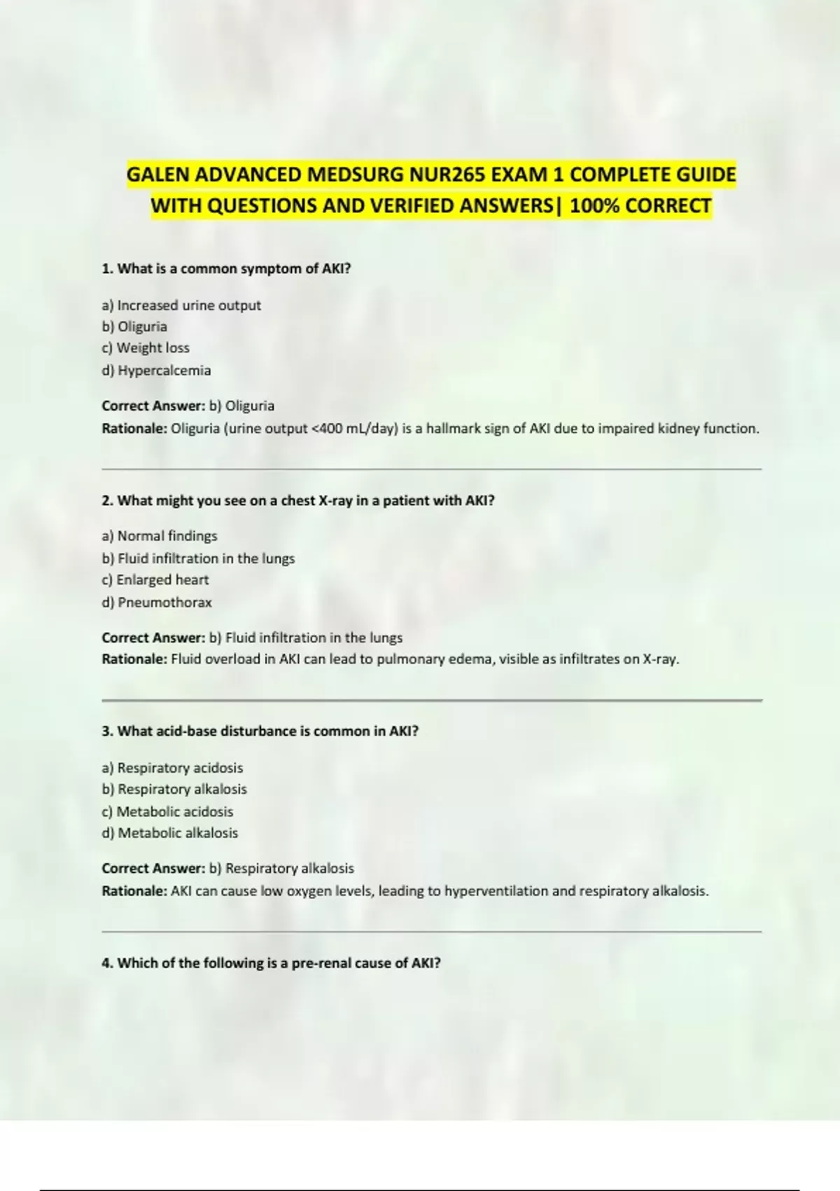 GALEN ADVANCED MEDSURG NUR265 EXAM 1 COMPLETE GUIDE WITH QUESTIONS AND VERIFIED ANSWERS| 100% ...