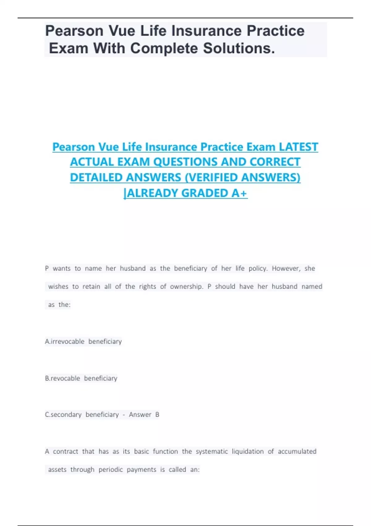 Pearson Vue Life Insurance exam bundle questions & answers 2025 - Stuvia US