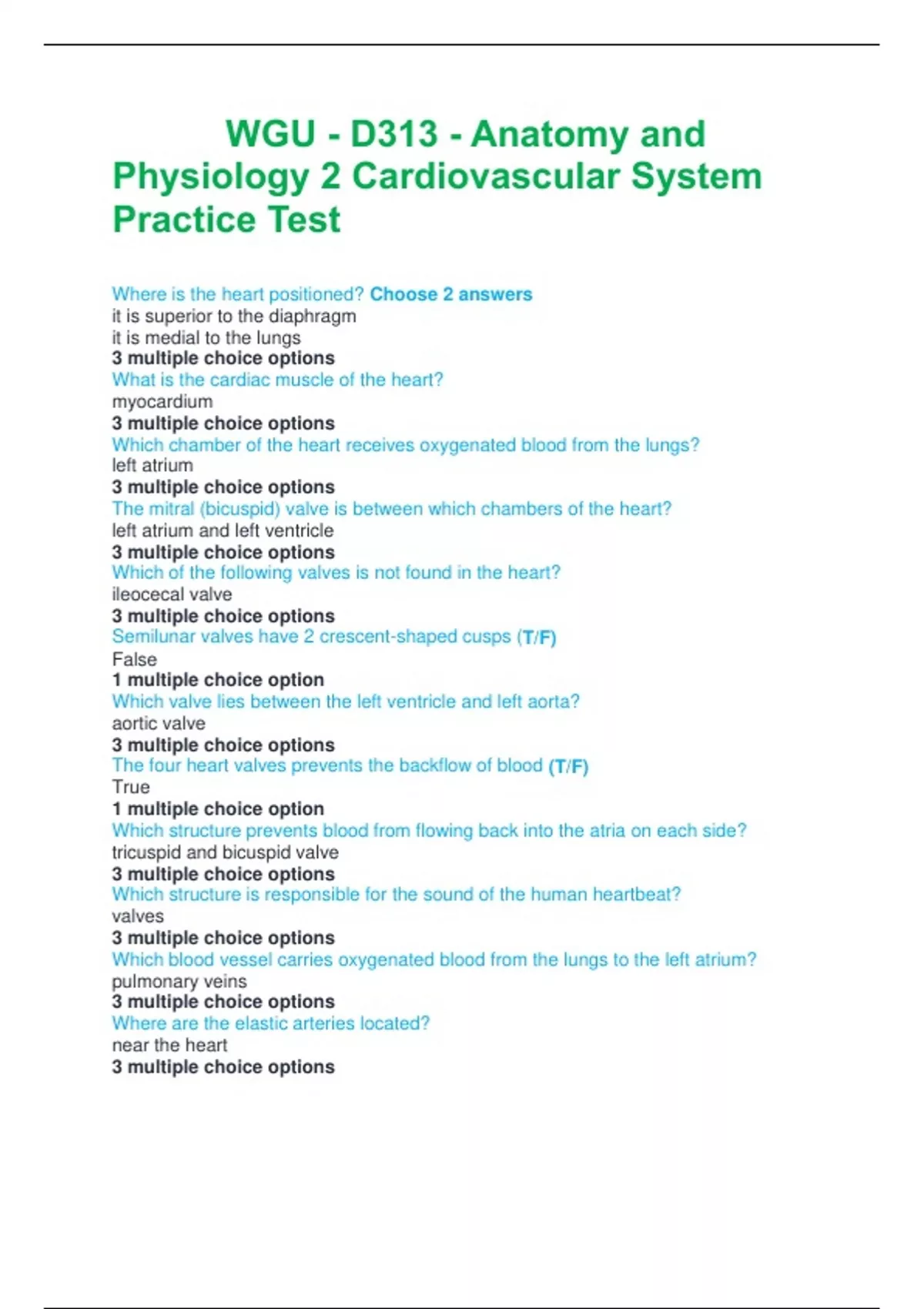 WGU - D313 - Anatomy and Physiology 2 Cardiovascular System Practice ...