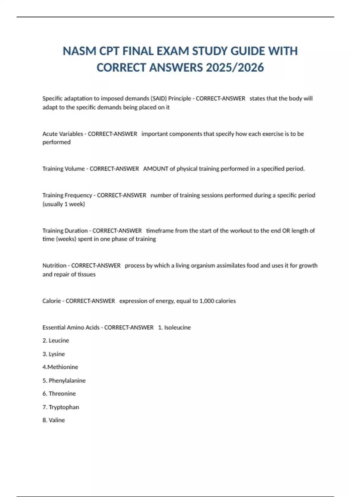 NASM CPT FINAL EXAM STUDY GUIDE WITH CORRECT ANSWERS 2025/2026 - NASM CPT - Stuvia US