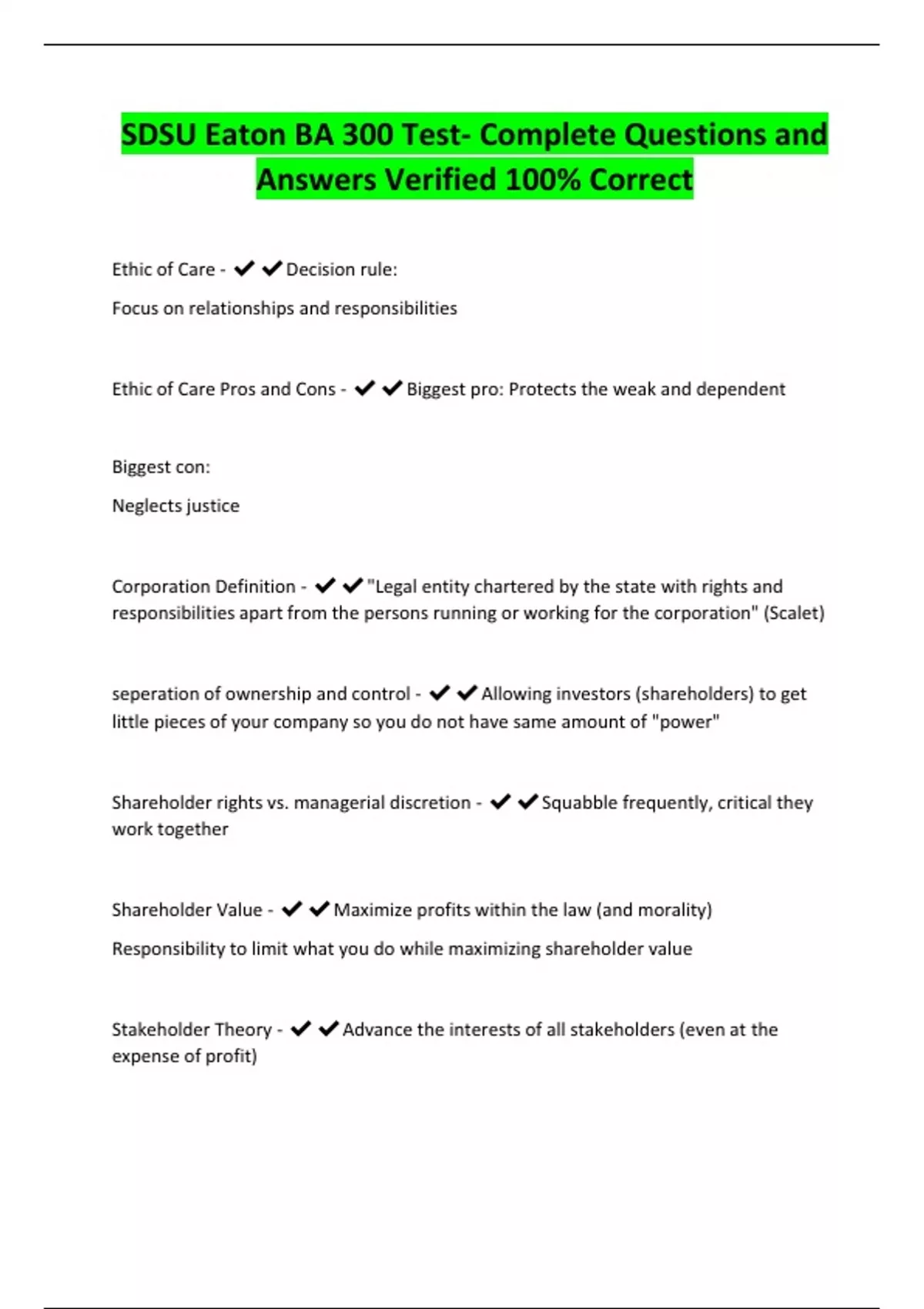SDSU Eaton BA 300 Test- Complete Questions and Answers Verified 100% ...