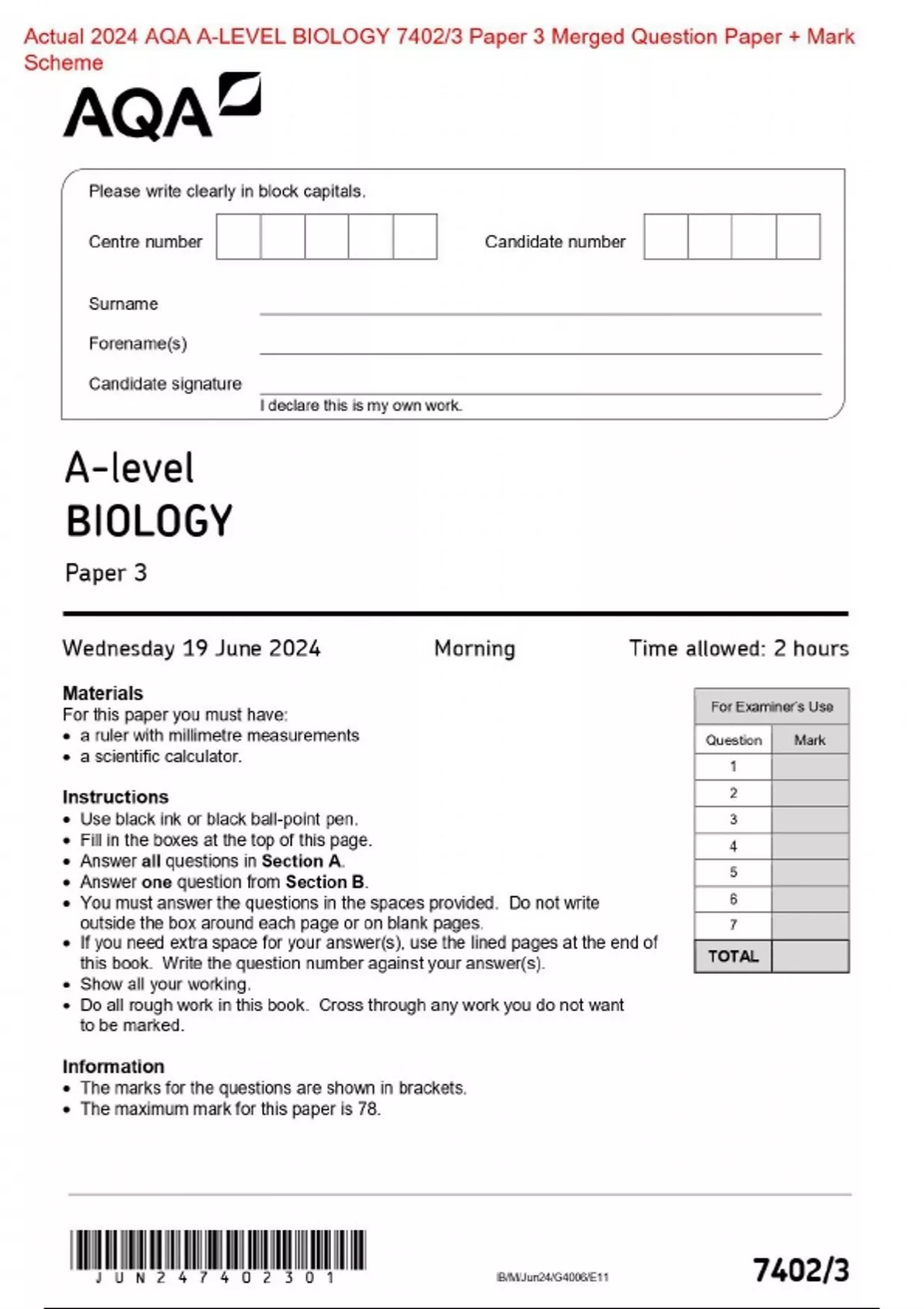 2024 AQA GCSE COMBINED SCIENCE: SYNERGY 8465/2F Paper 2 Question Paper ...