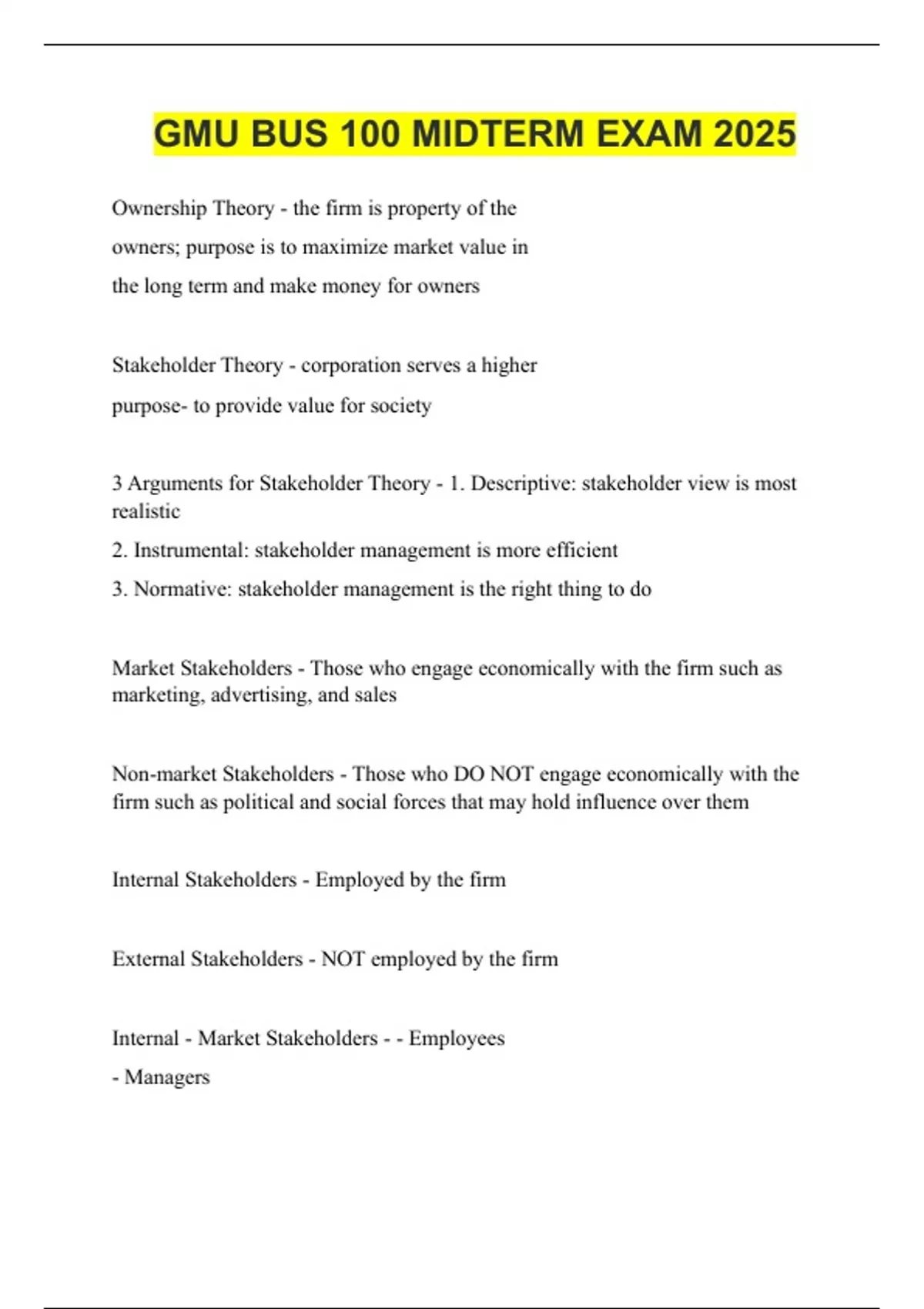 GMU BUS 100 MIDTERM EXAM 2025 - BUS 100 - Stuvia US