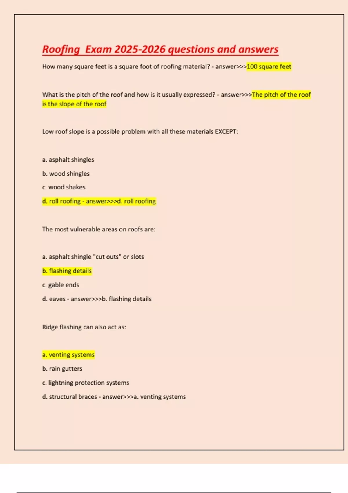 Roofing Exam questions and answers - Roofing Exa - Stuvia US