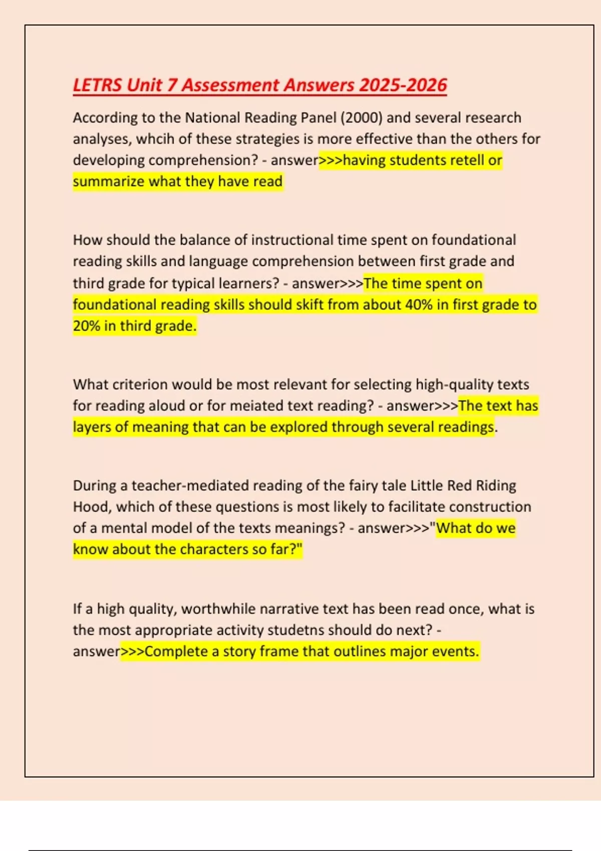 LETRS Unit 7 Assessment Answers - LETRS Unit 7 Assessment - Stuvia US