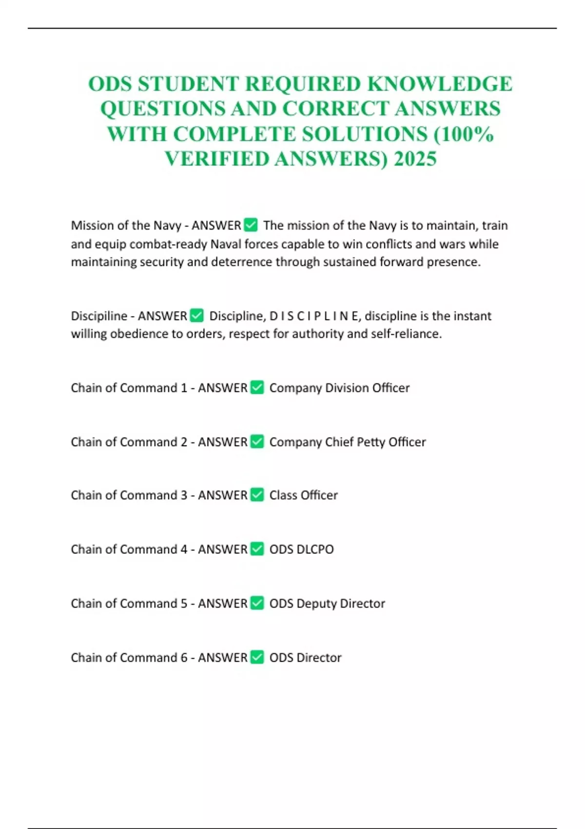 ODS STUDENT REQUIRED KNOWLEDGE QUESTIONS AND CORRECT ANSWERS WITH ...
