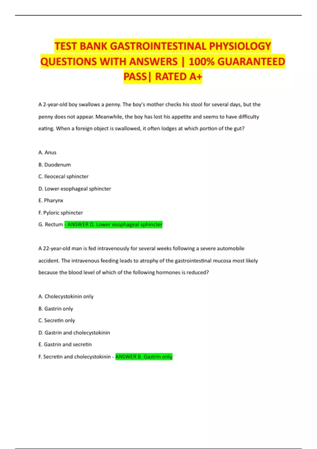 TEST BANK GASTROINTESTINAL PHYSIOLOGY QUESTIONS WITH ANSWERS | 100% ...