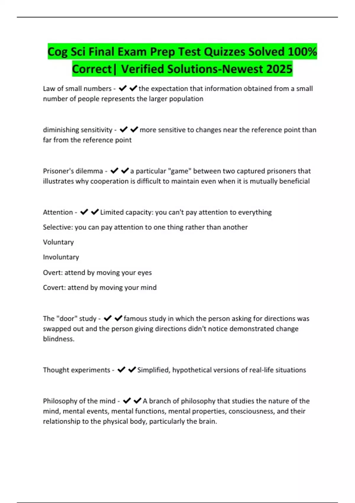Cog Sci Final Exam Prep Test Quizzes Solved 100% Correct| Verified ...