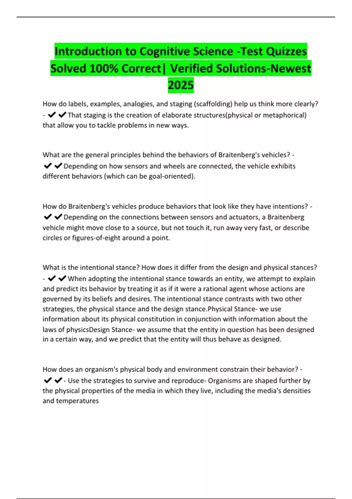 Introduction to Cognitive Science -Test Quizzes Solved 100% Correct ...