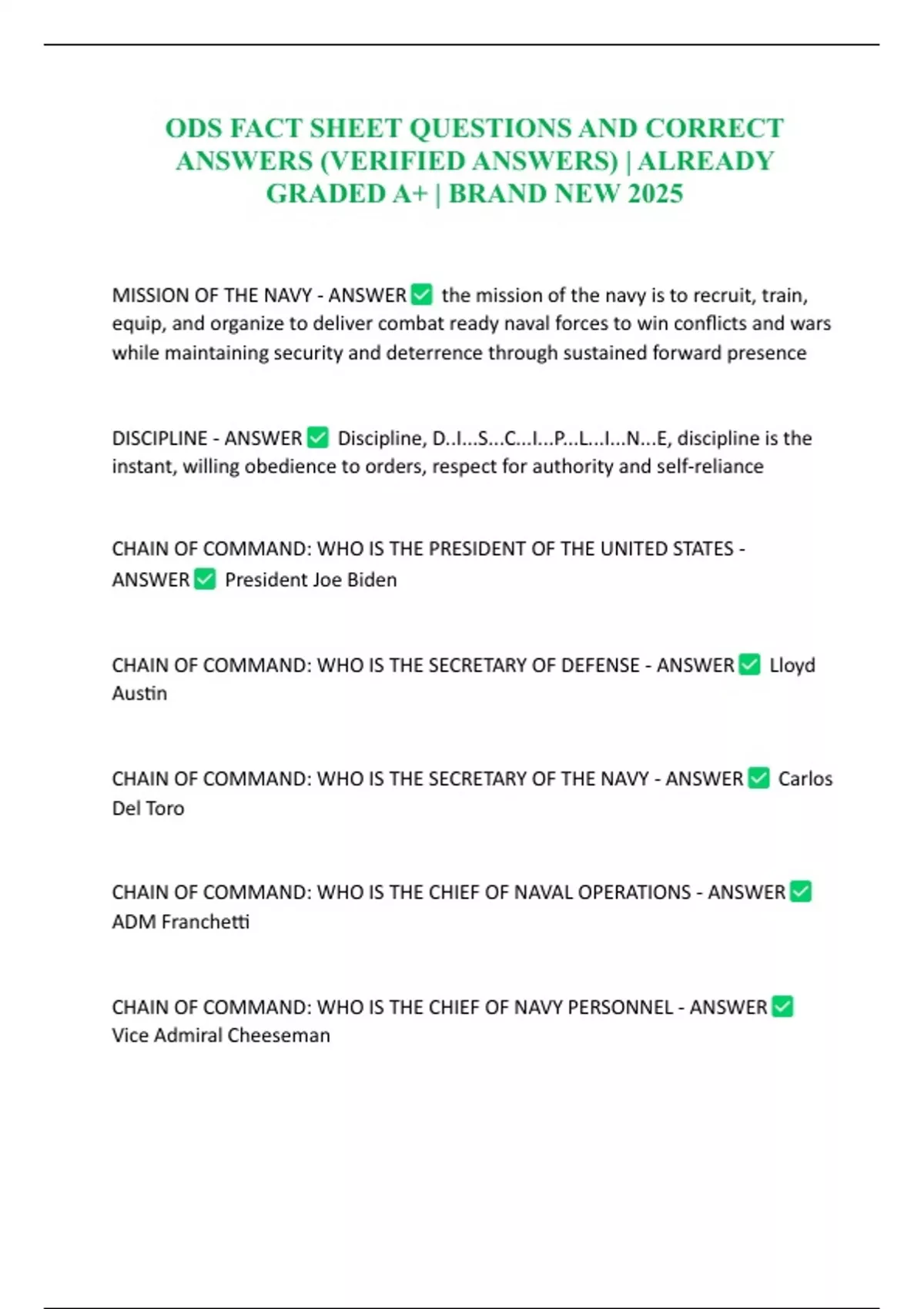 ODS FACT SHEET QUESTIONS AND CORRECT ANSWERS (VERIFIED ANSWERS ...