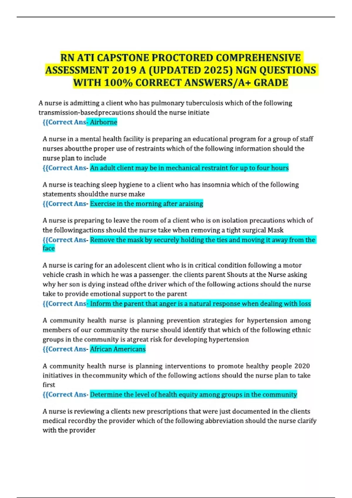 RN ATI CAPSTONE PROCTORED COMPREHENSIVE ASSESSMENT 2019 A (UPDATED 2025 ...
