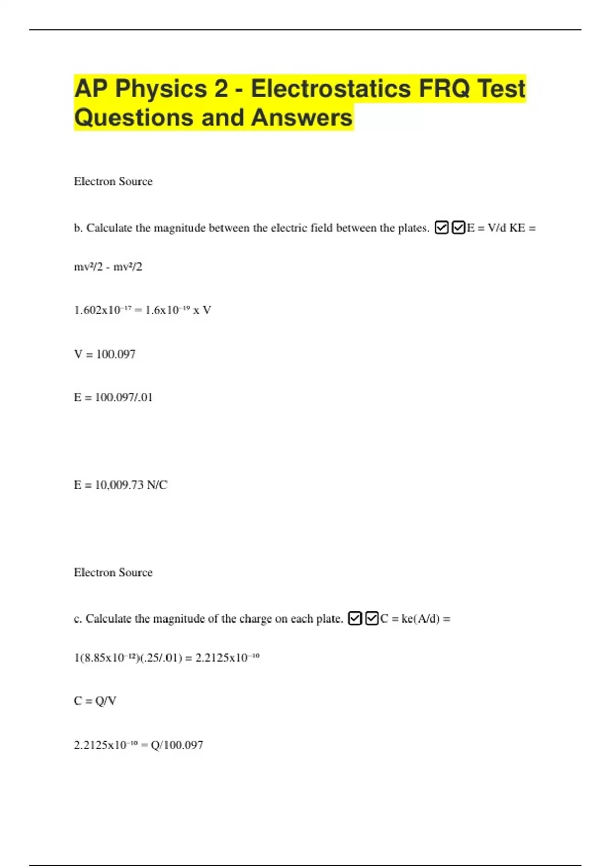 AP Physics 2 - Electrostatics FRQ Test Questions and Answers - AP ...