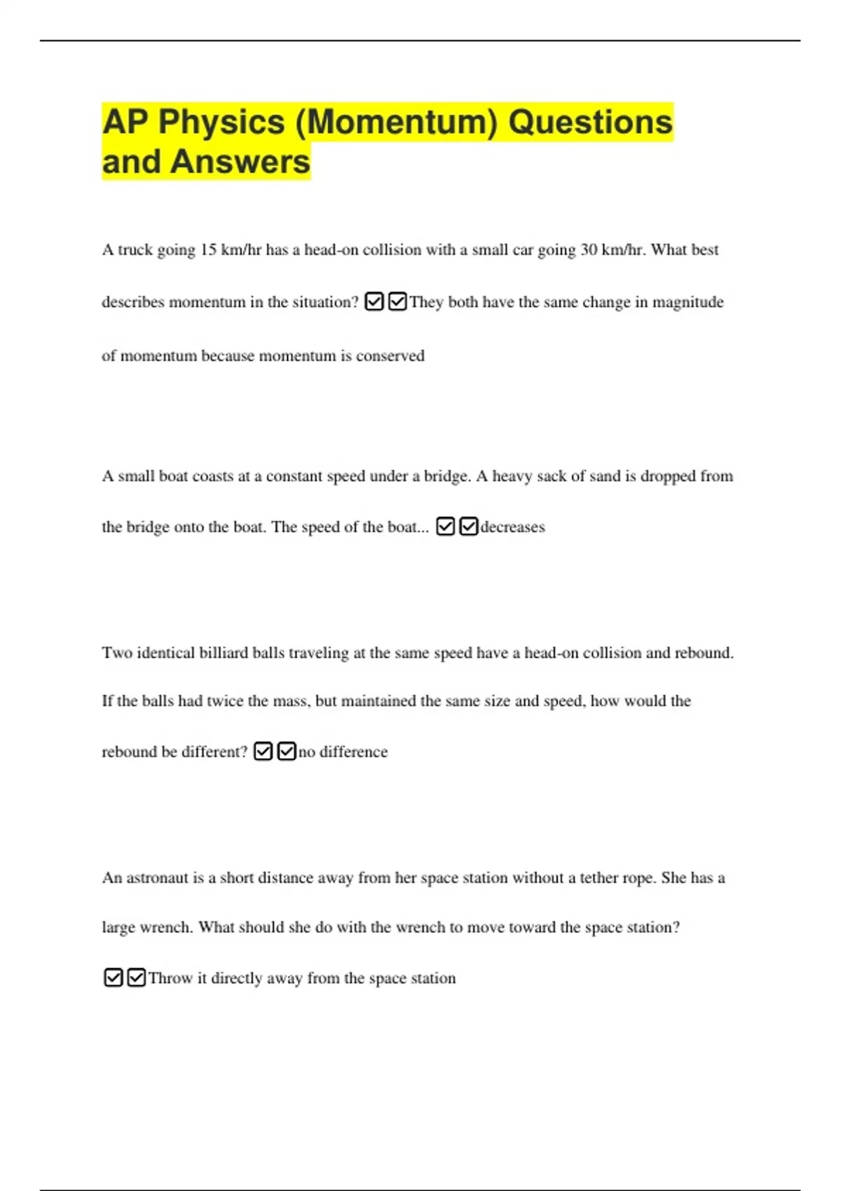 AP Physics (Momentum) Questions and Answers - AP Physics - Stuvia US
