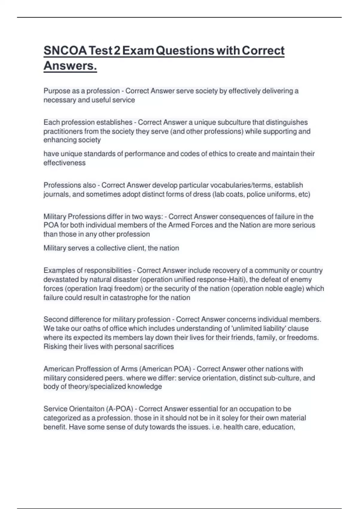 SNCOA Test 2 Exam Questions with Correct Answers. - SNCOA - Stuvia US