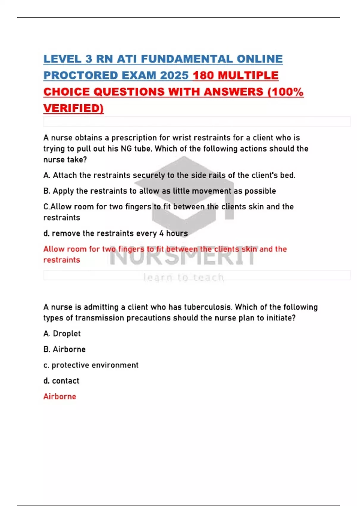 LEVEL 3 RN ATI FUNDAMENTAL ONLINE PROCTORED EXAM 2025 180 MULTIPLE ...