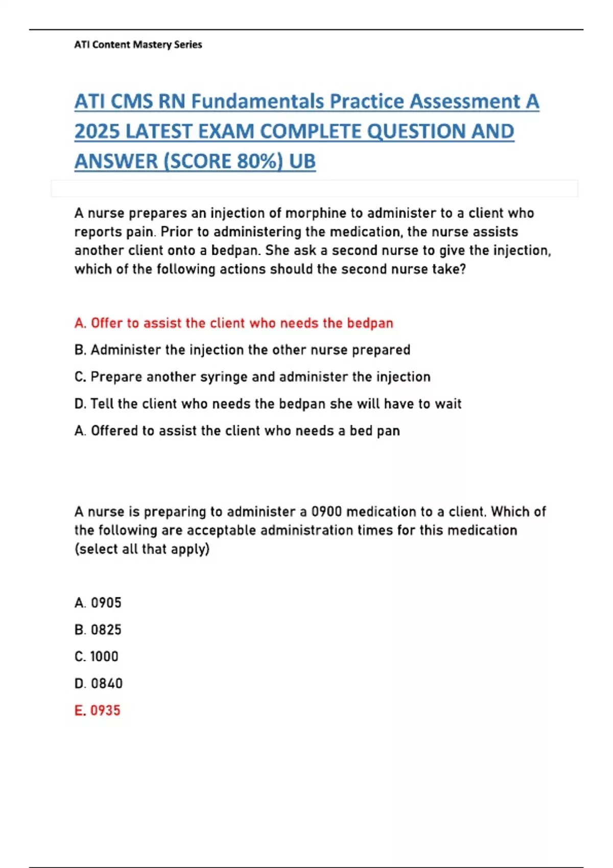 ATI CMS RN Fundamentals Practice Assessment A 2025 LATEST EXAM COMPLETE ...