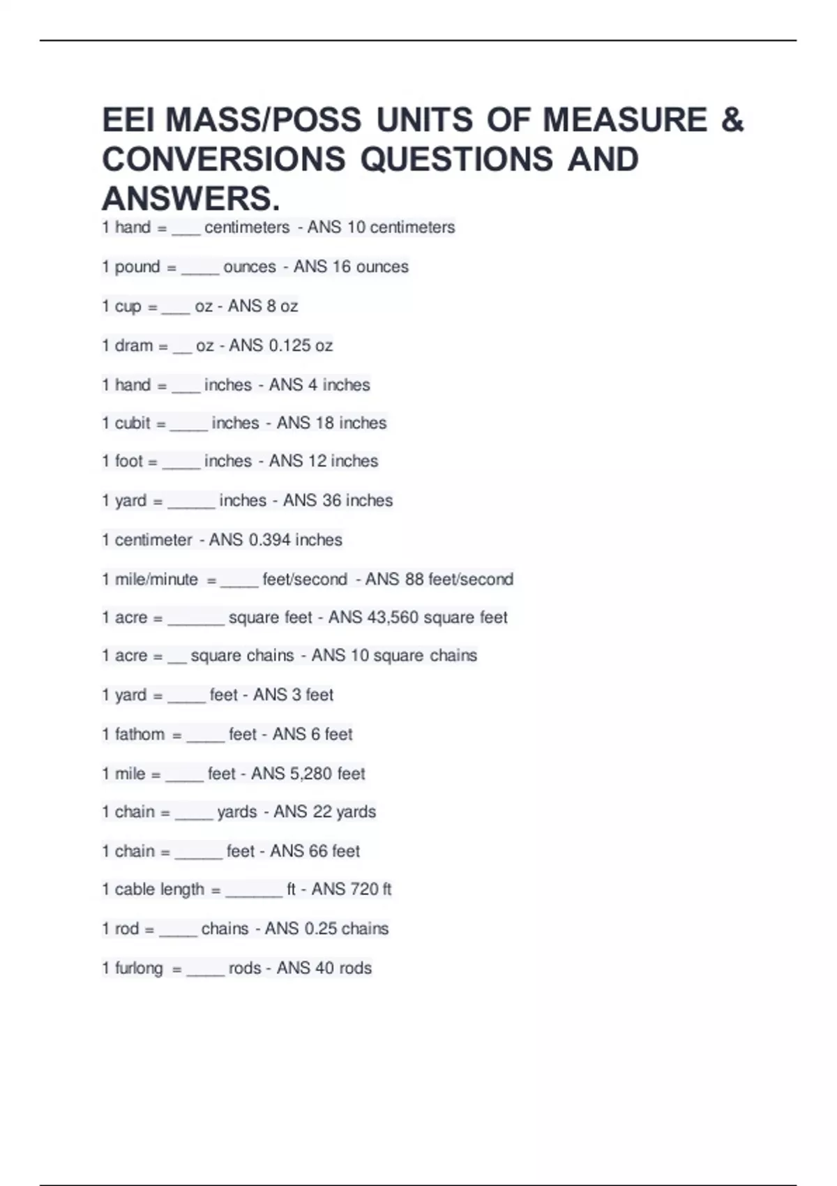 EEI MASS/POSS UNITS OF MEASURE & CONVERSIONS QUESTIONS AND ANSWERS ...