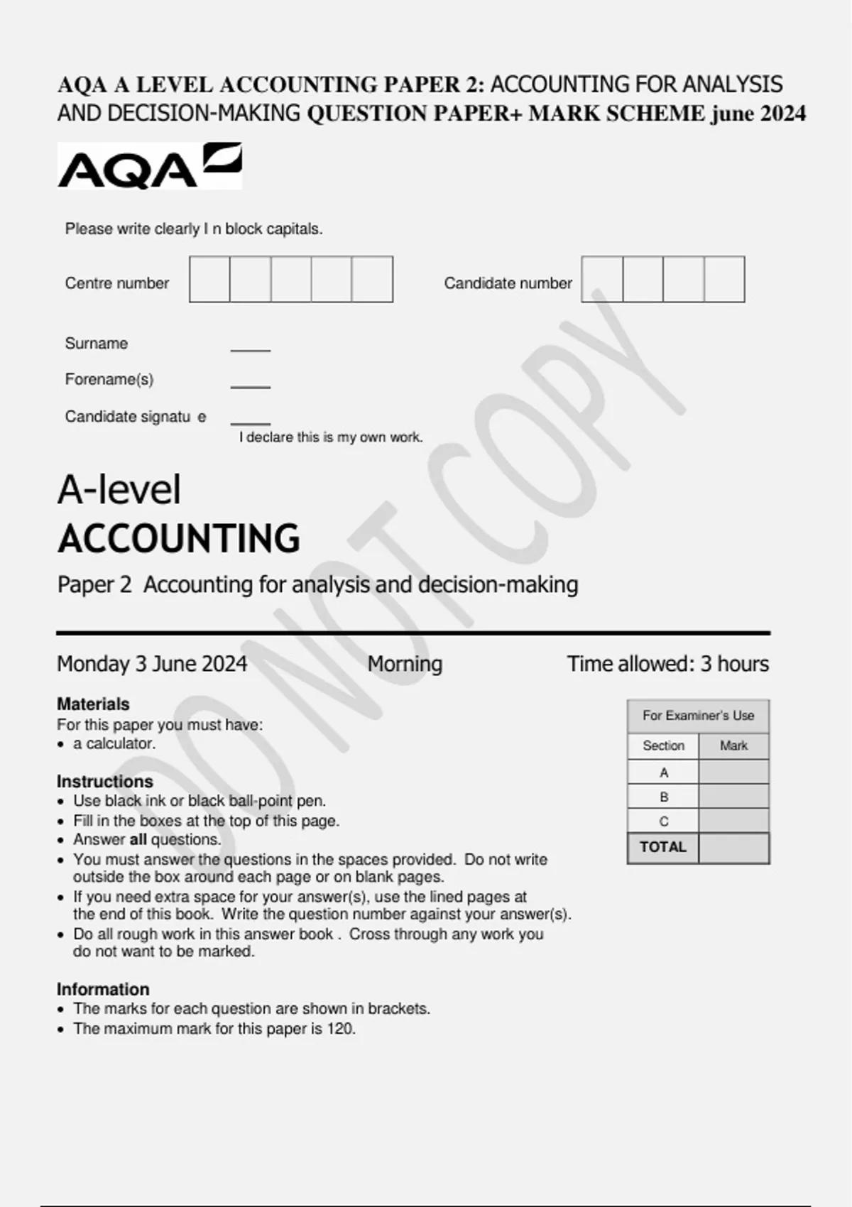 AQA A LEVEL ACCOUNTING PAPER 2: ACCOUNTING FOR ANALYSIS AND DECISION ...