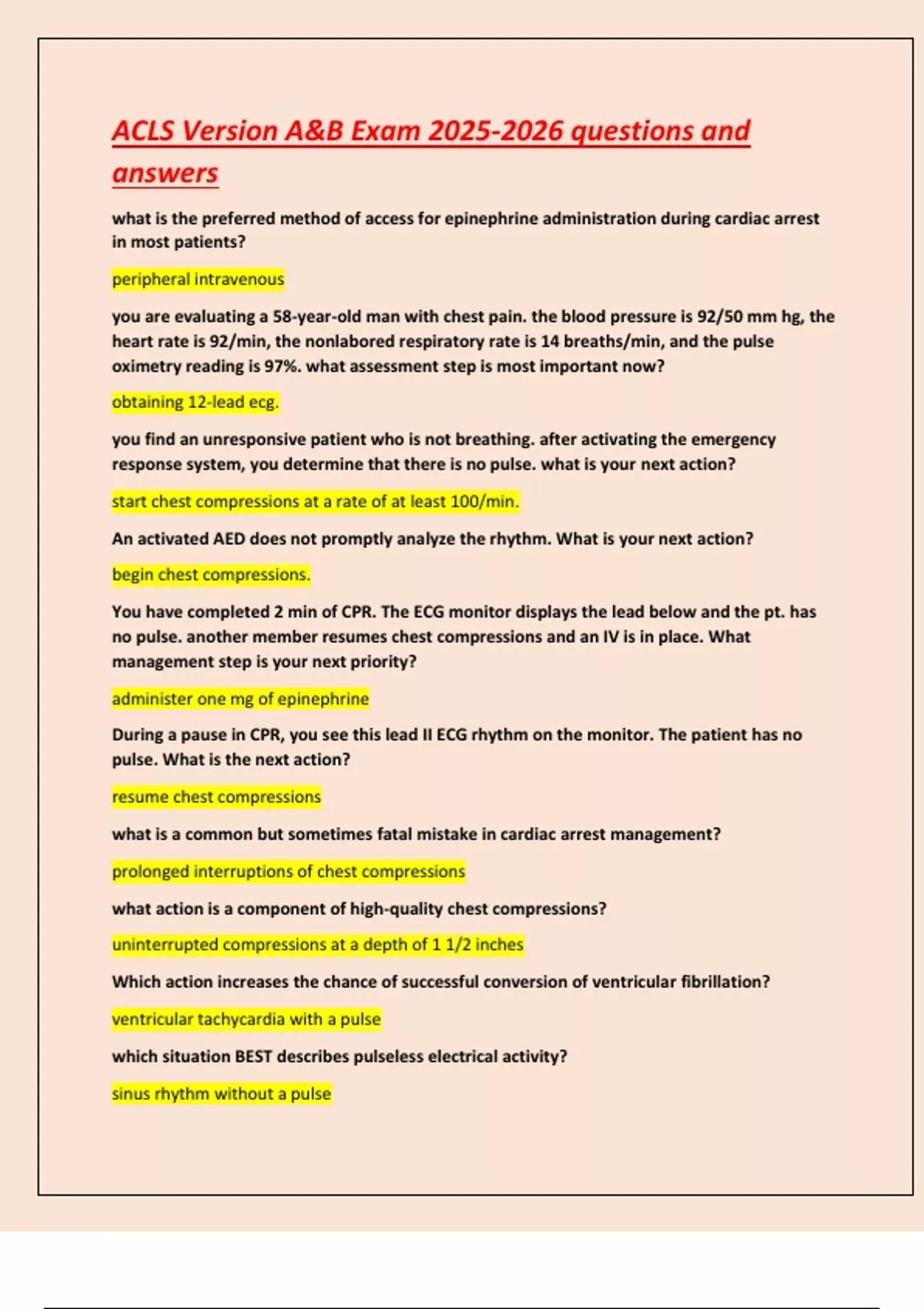 ACLS Version A&B Exam questions and answers - ACLS Versin A&B Ex ...