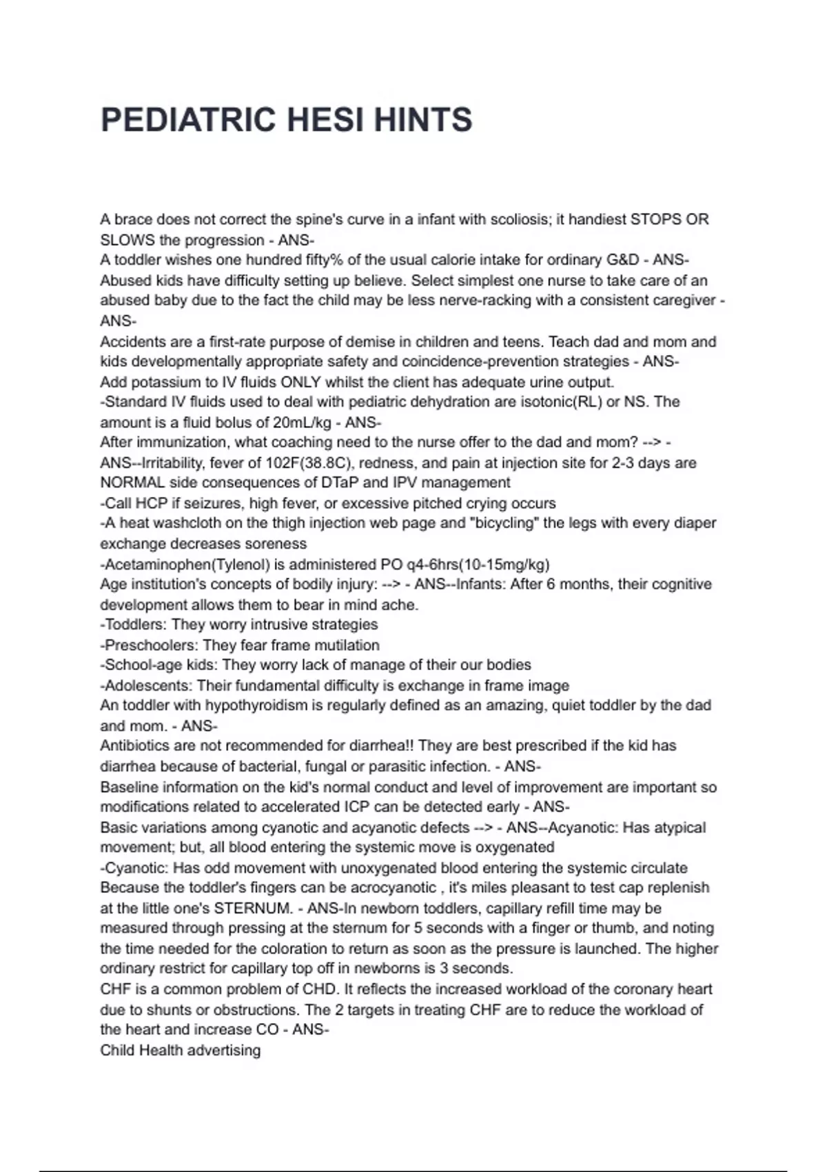 PEDIATRIC HESI HINTS QUESTIONS WITH DETAILED VERIFIED ANSWERS 2025/2026 ...