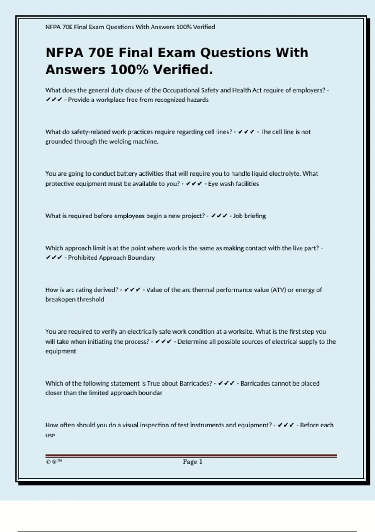 NFPA 70E Final Exam Questions With Answers 100% Verified. - NFPA 70E ...