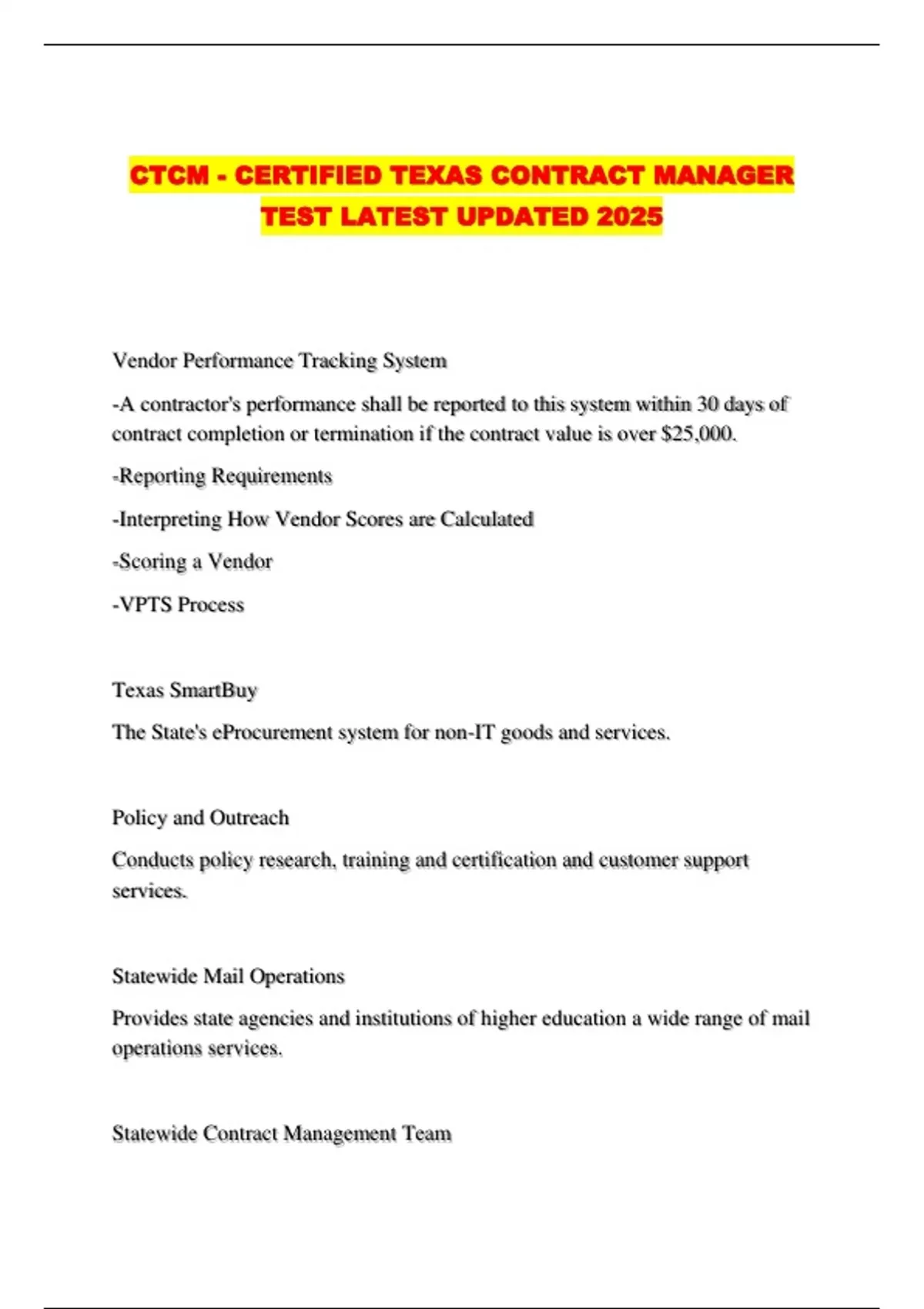 CTCM - CERTIFIED TEXAS CONTRACT MANAGER TEST LATEST UPDATED 2025 - CTCM ...