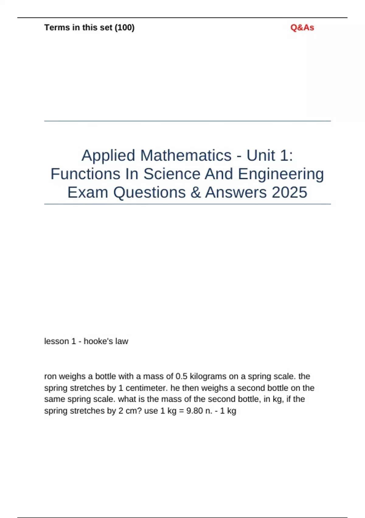 Applied Mathematics - Unit 1 Functions In Science And Engineering Exam ...