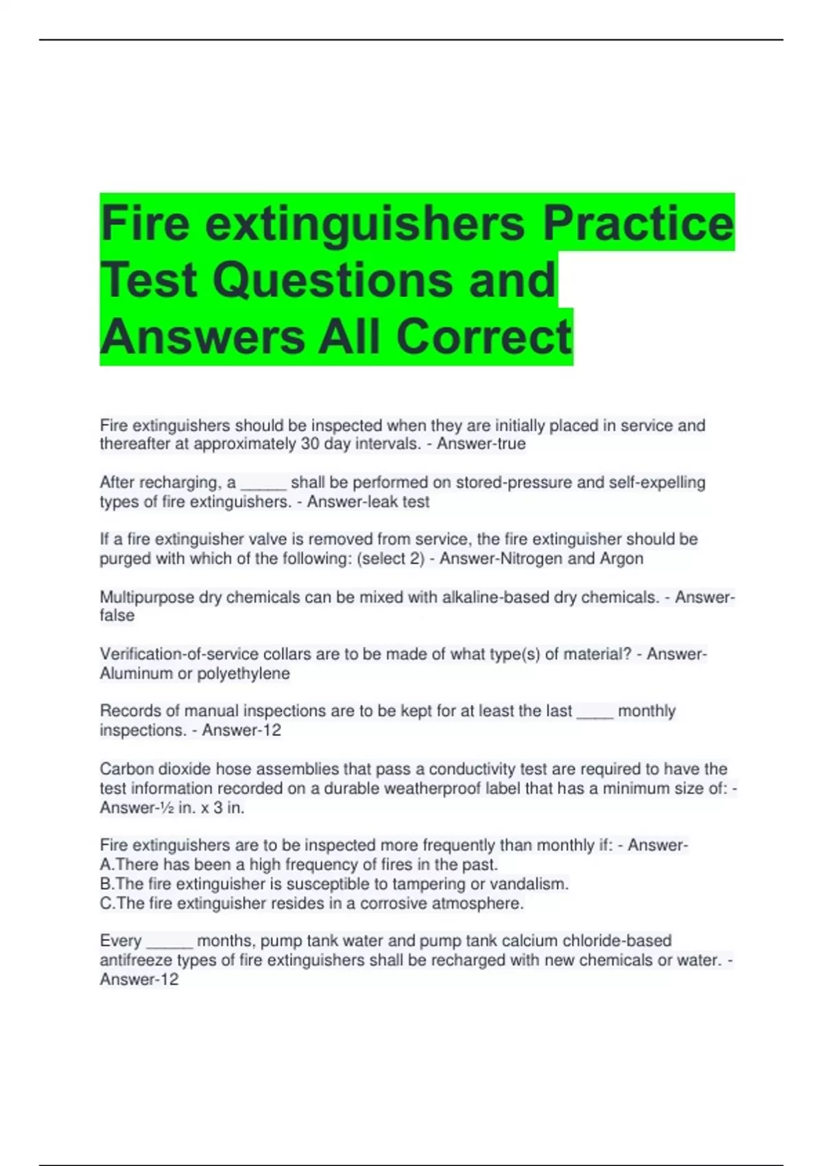 Fire extinguishers Practice Test Questions and Answers All Correct ...