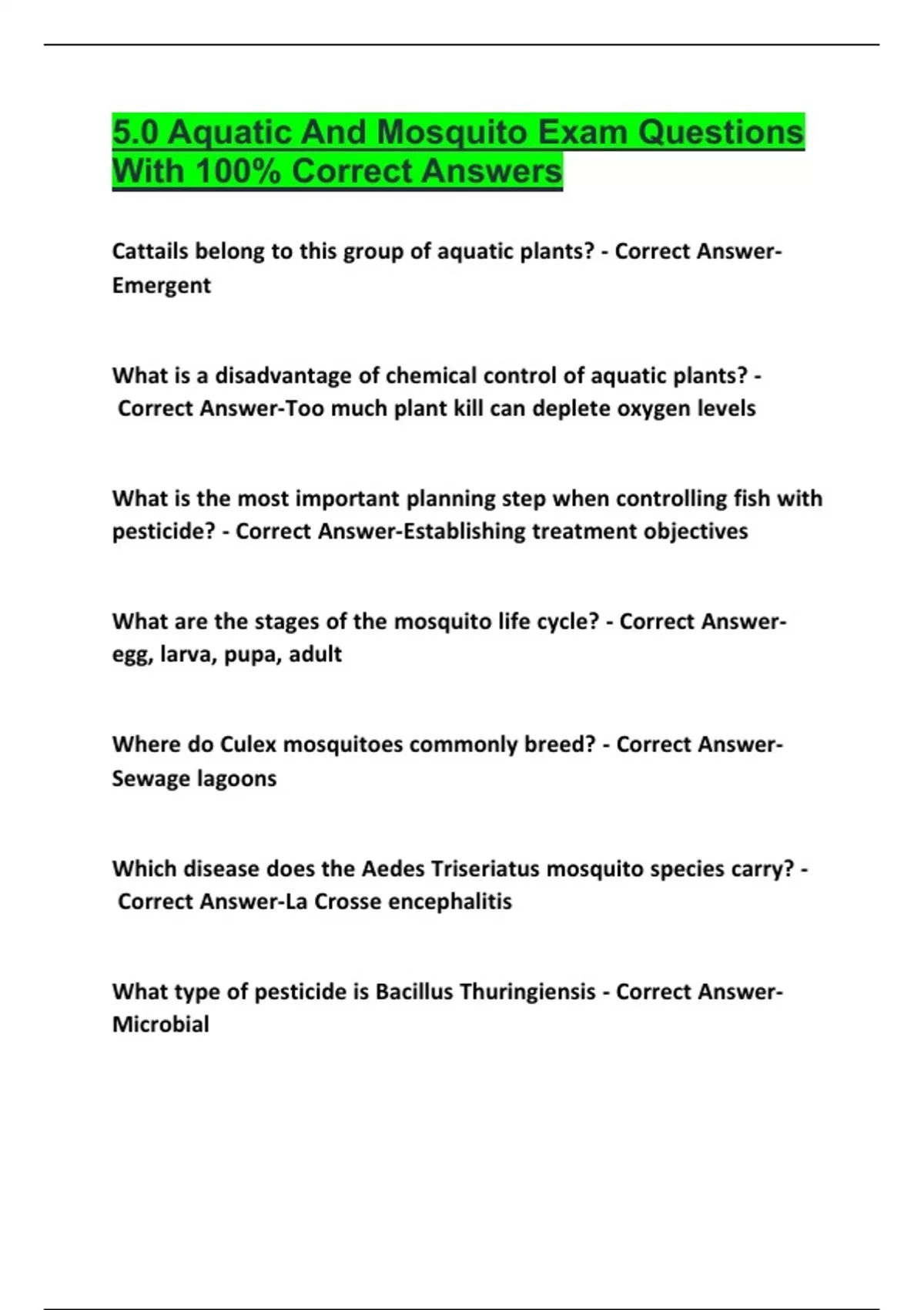 5.0 Aquatic And Mosquito Exam Questions With 100% Correct Answers - 5.0 ...