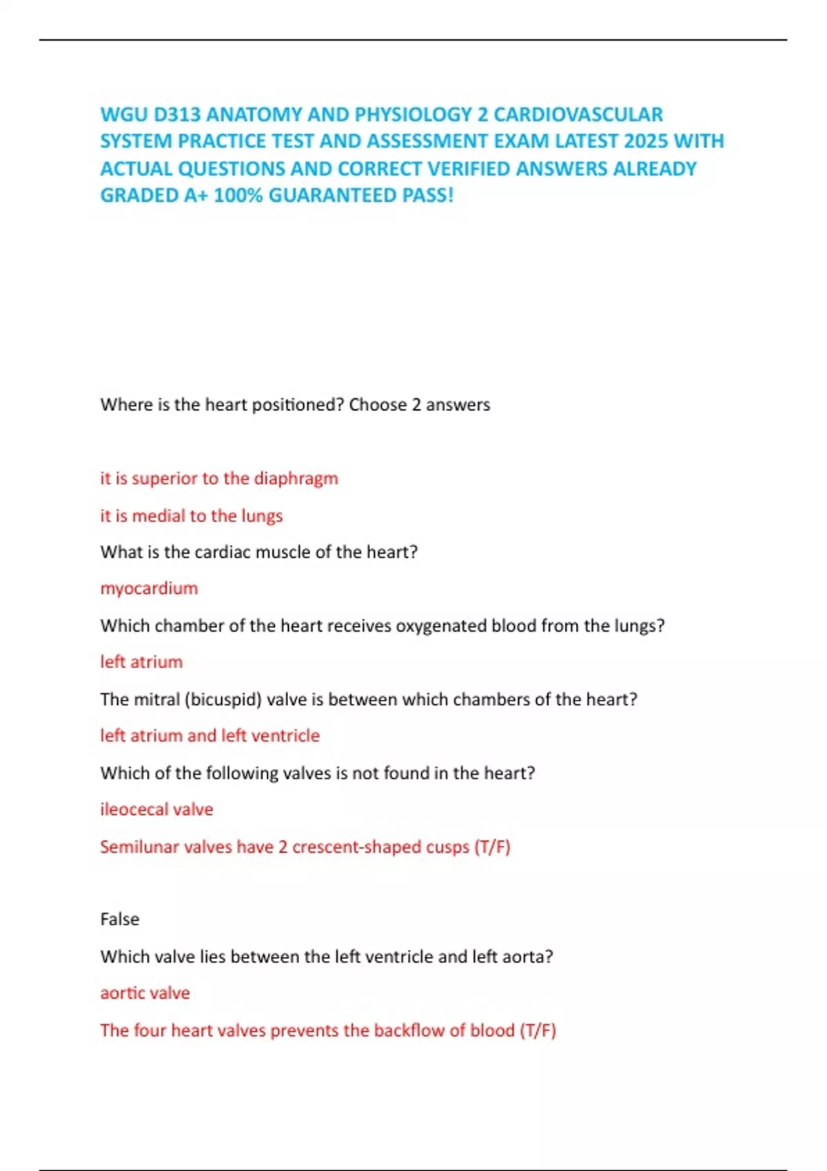 WGU D313 ANATOMY AND PHYSIOLOGY 2 CARDIOVASCULAR SYSTEM PRACTICE TEST ...