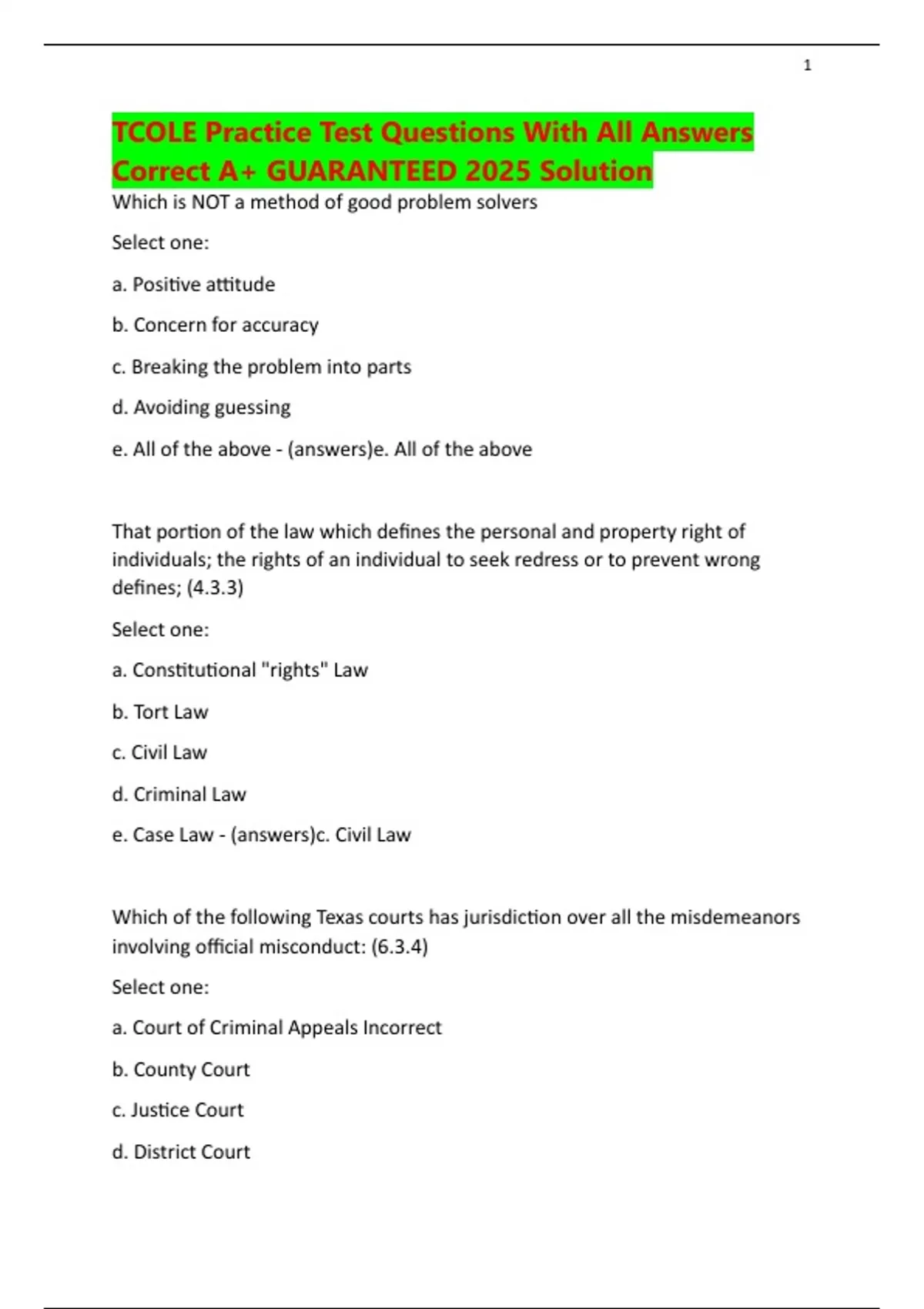 TCOLE Practice Test Questions With All Answers Correct A+ GUARANTEED ...