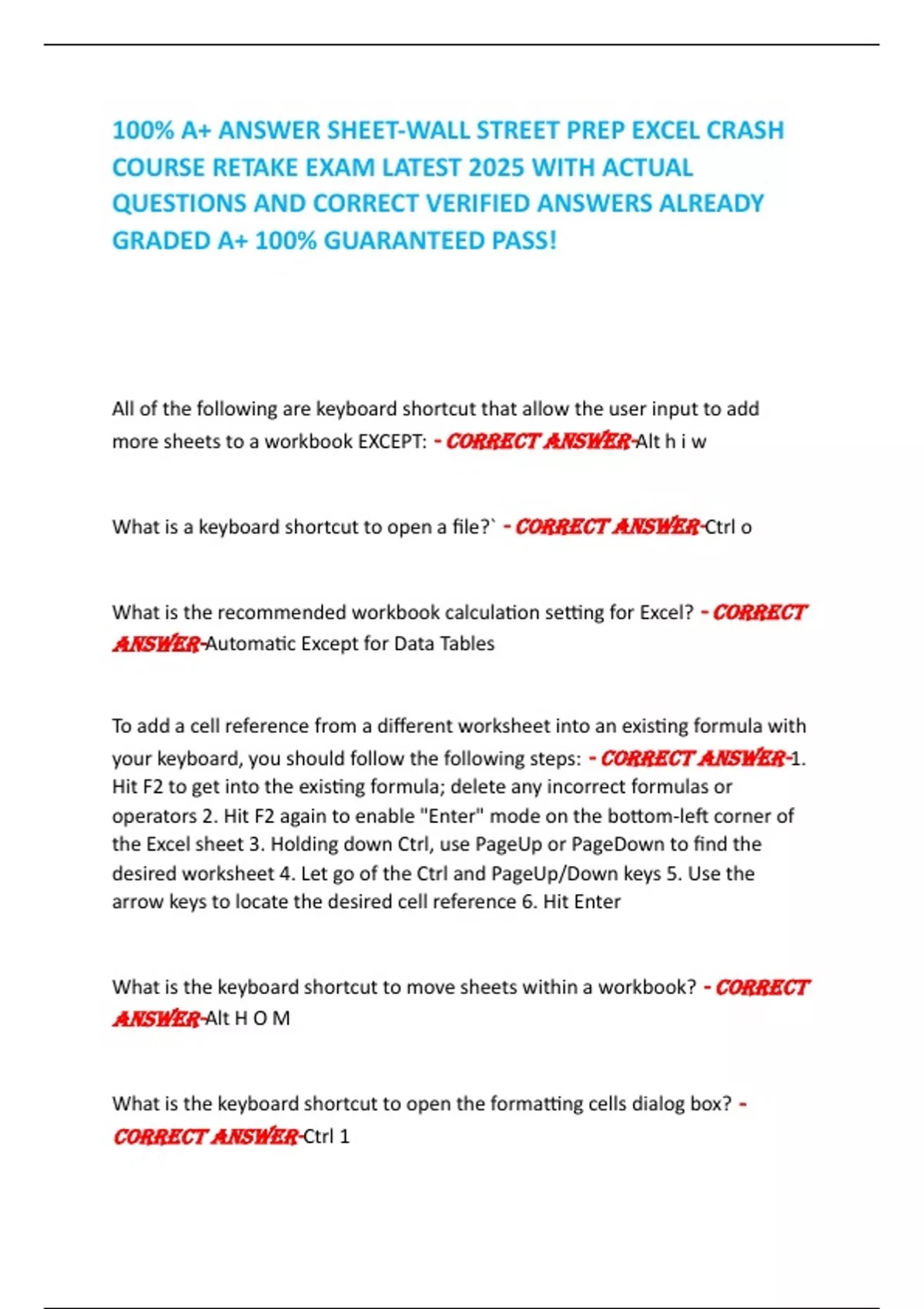 100% A+ ANSWER SHEET-WALL STREET PREP EXCEL CRASH COURSE RETAKE EXAM ...