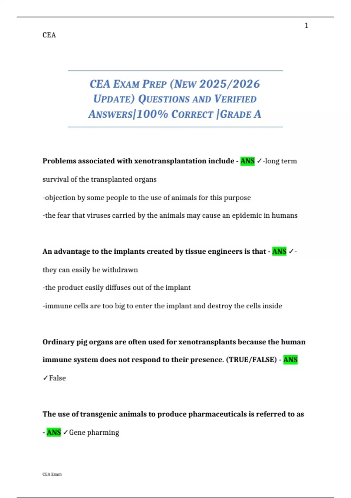 CEA EXAM PREP (NEW 2025/2026 UPDATE) QUESTIONS AND VERIFIED ANSWERS|100 ...