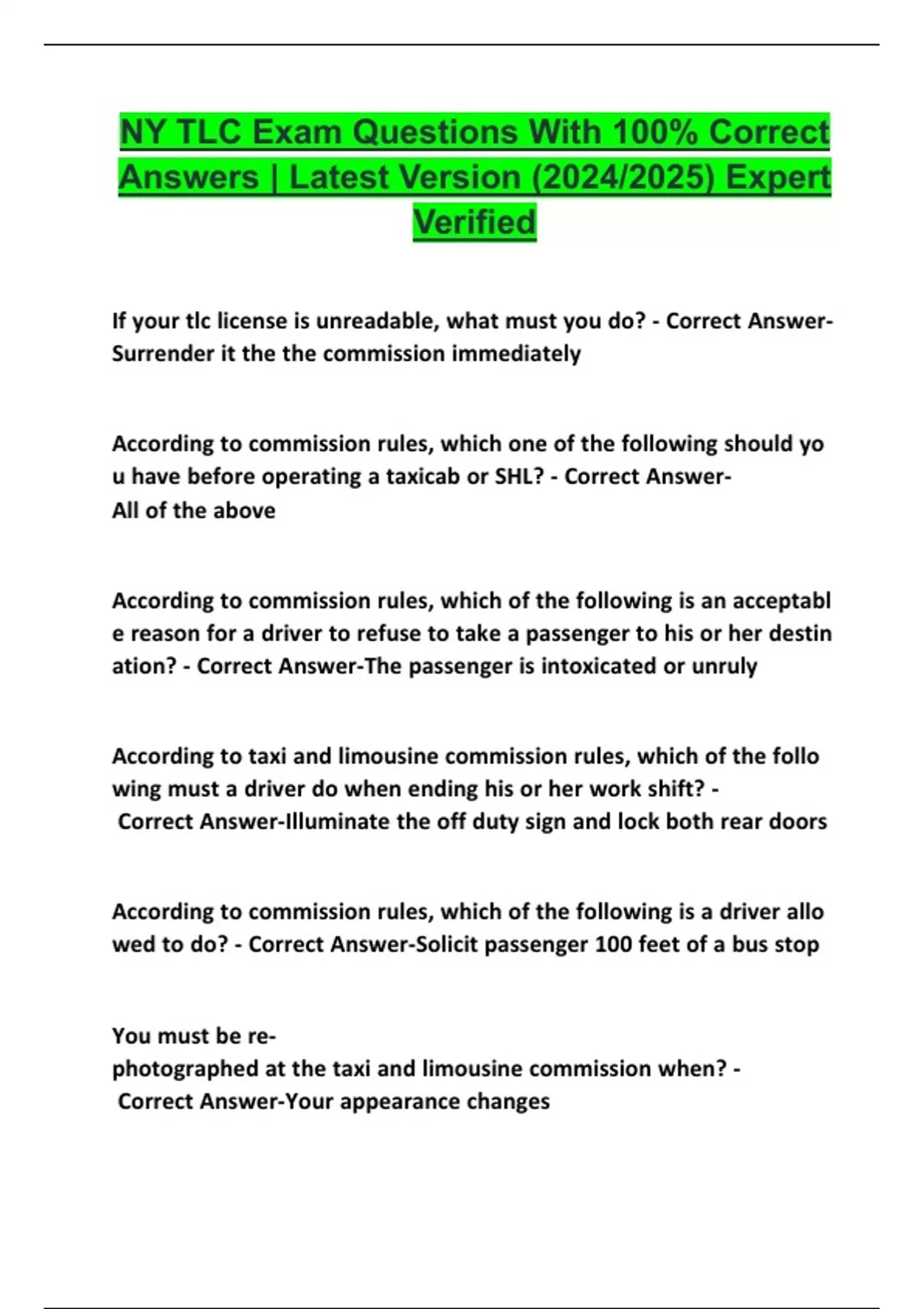 NY TLC Exam Questions With 100% Correct Answers | Latest Version (2024/ ...