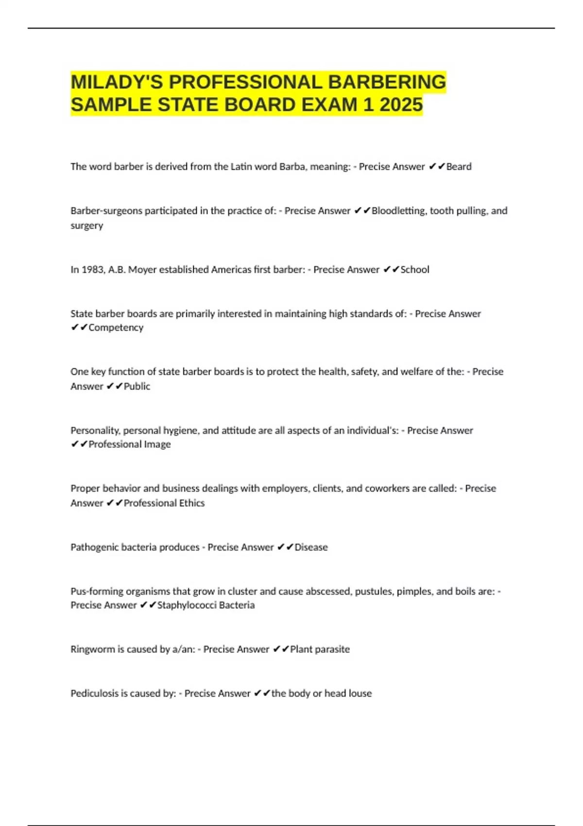 MILADY'S PROFESSIONAL BARBERING SAMPLE STATE BOARD EXAM 1 2025 - MILADY ...