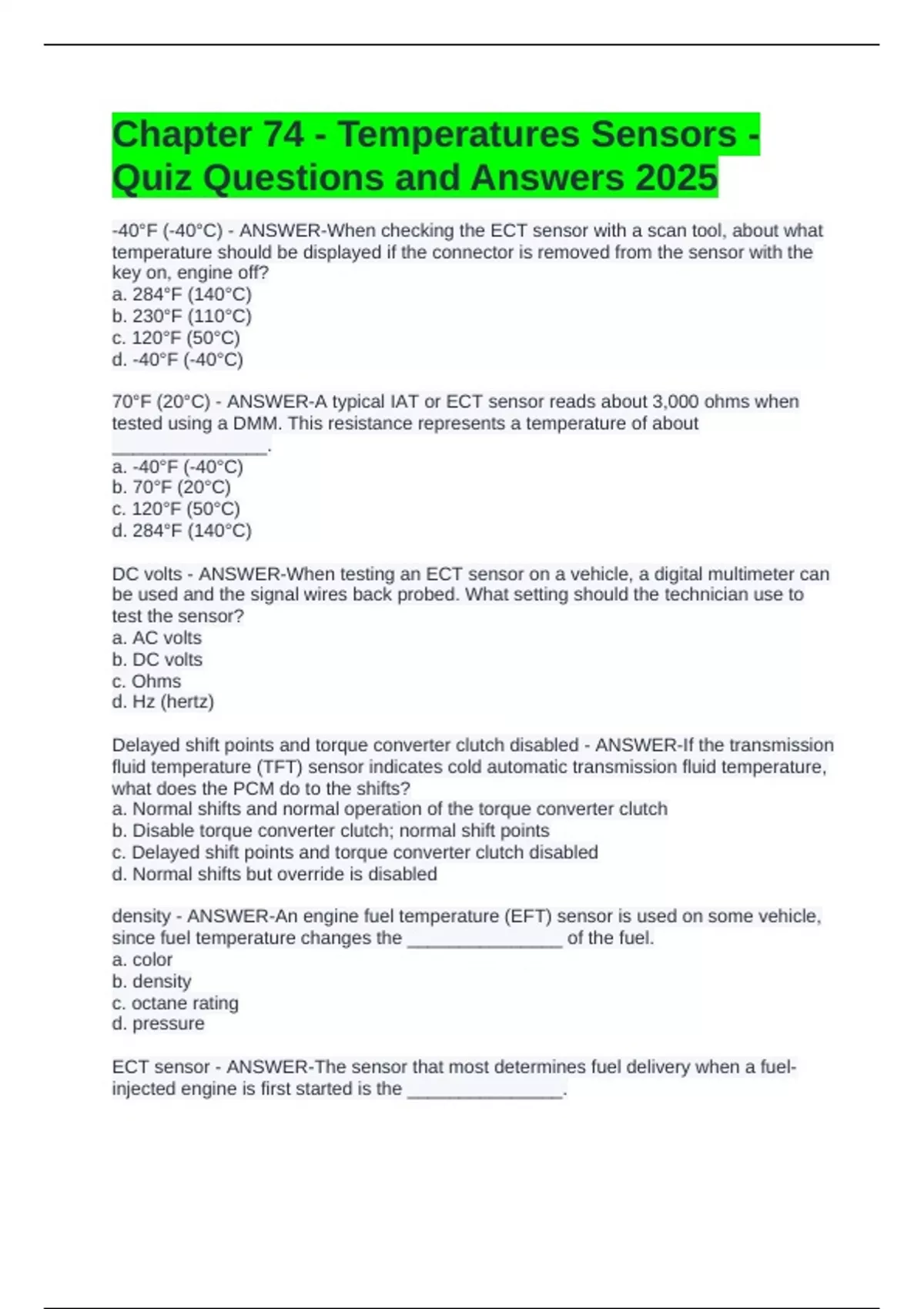 Chapter 74 - Temperatures Sensors - Quiz Questions and Answers 2025 ...