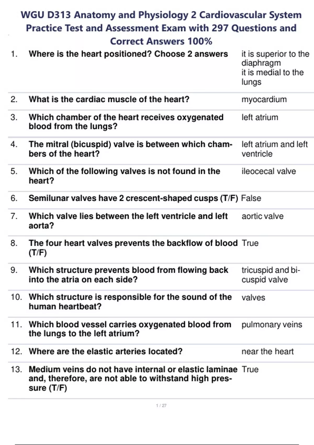 WGU D313 Anatomy and Physiology 2 Cardiovascular System Practice Test ...