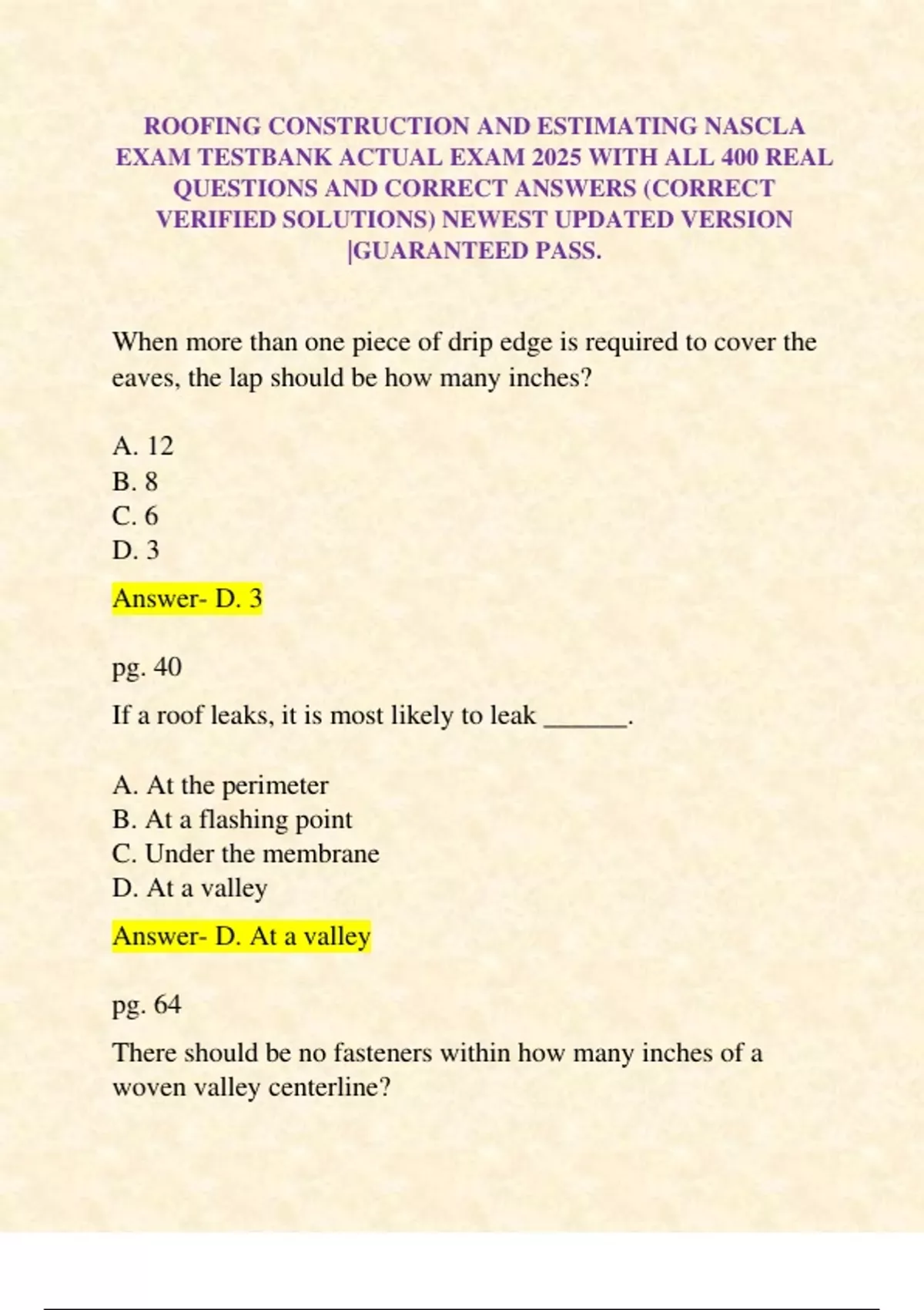 ROOFING CONSTRUCTION AND ESTIMATING NASCLA EXAM TESTBANK ACTUAL EXAM ...
